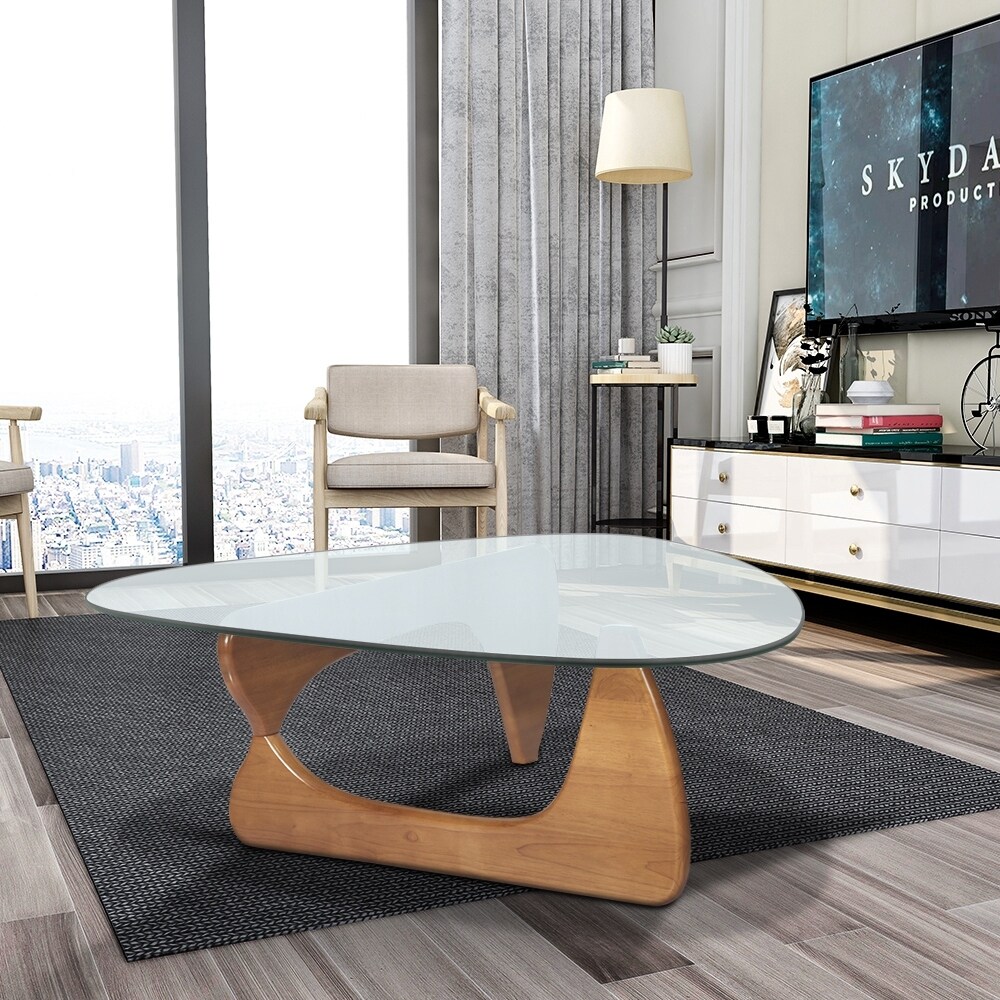 Triangle Glass Coffee Table with Solid Wood Base for Living Room Walnut ...