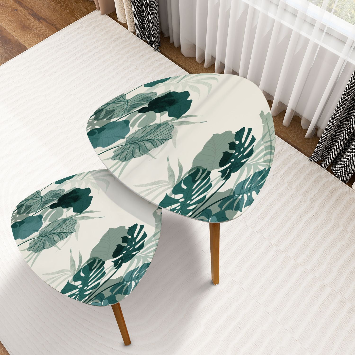 Triangle Nesting Coffee Table Set of 2 Abstract foliage botanical Green tropical forest monstera ...