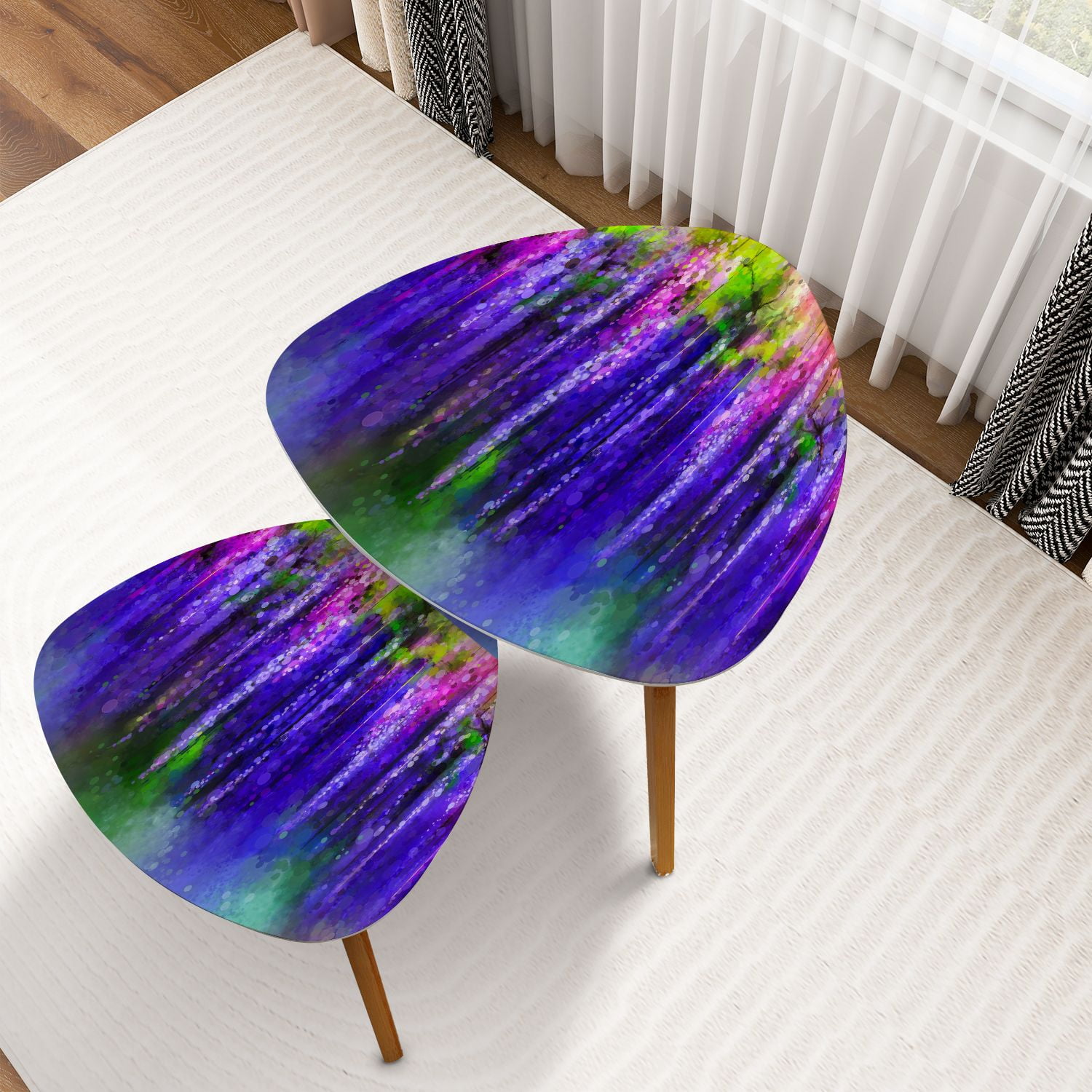 Triangle Nesting Coffee Table Set of 2 Abstract violet red yellow color ...