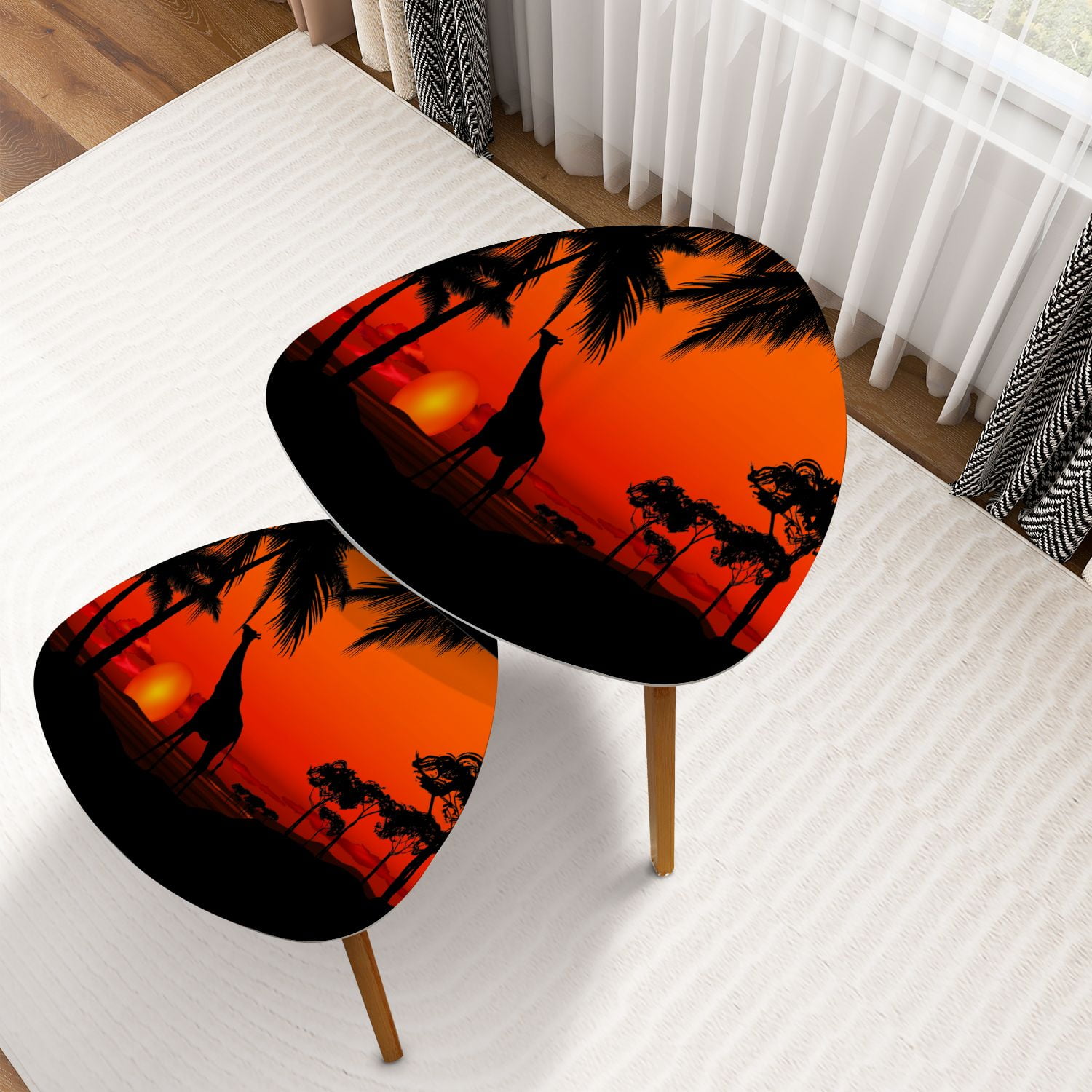 Triangle Nesting Coffee Table Set of 2 African landscape animal silhouette Savanna sunset End ...