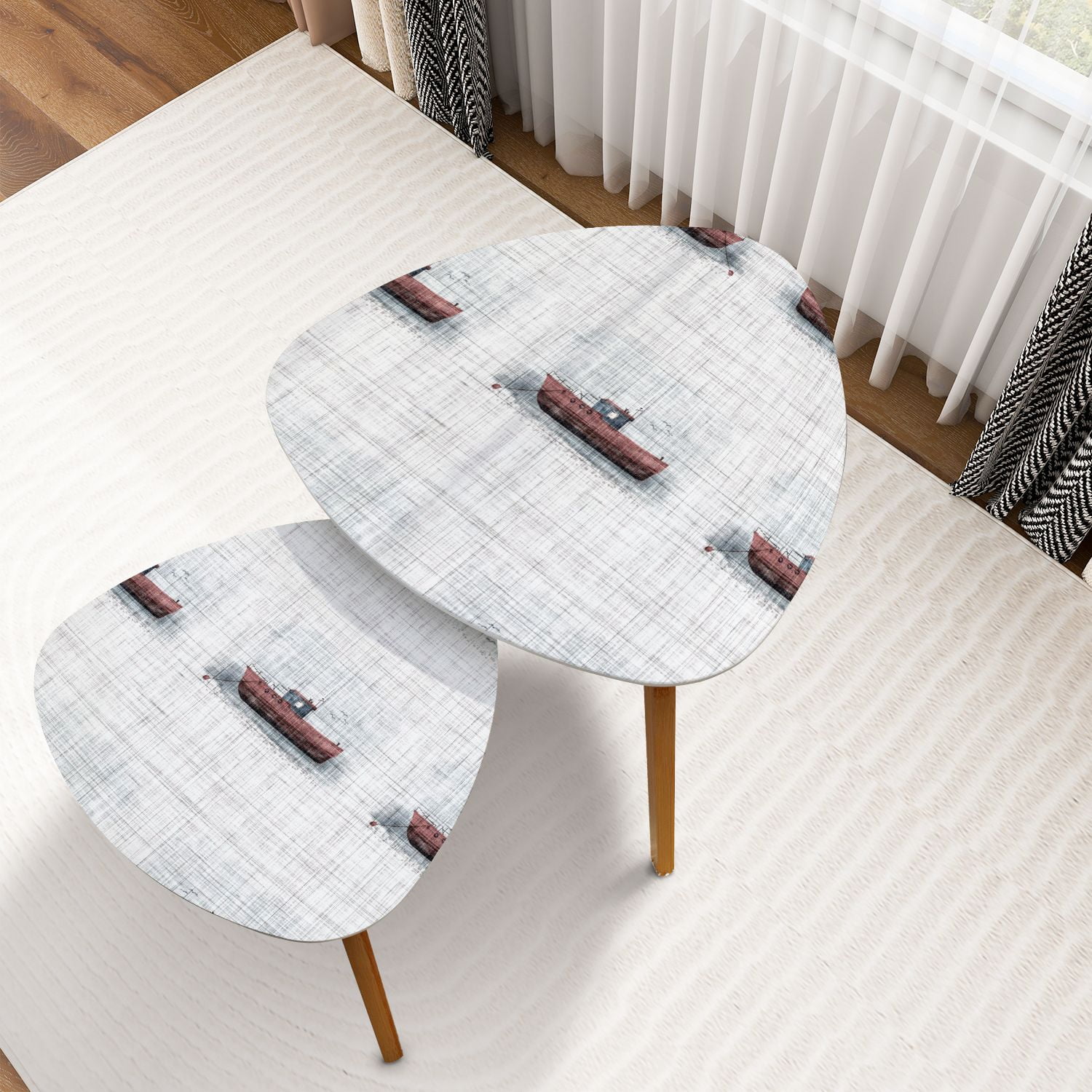 Triangle Nesting Coffee Table Set of 2 Azure blue fishing boat linen ...