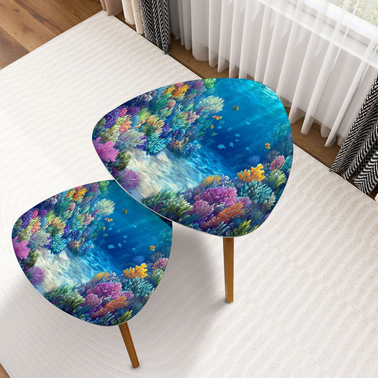 Triangle Nesting Coffee Table Set of 2 Beautiful Tropical Coral Shoal ...