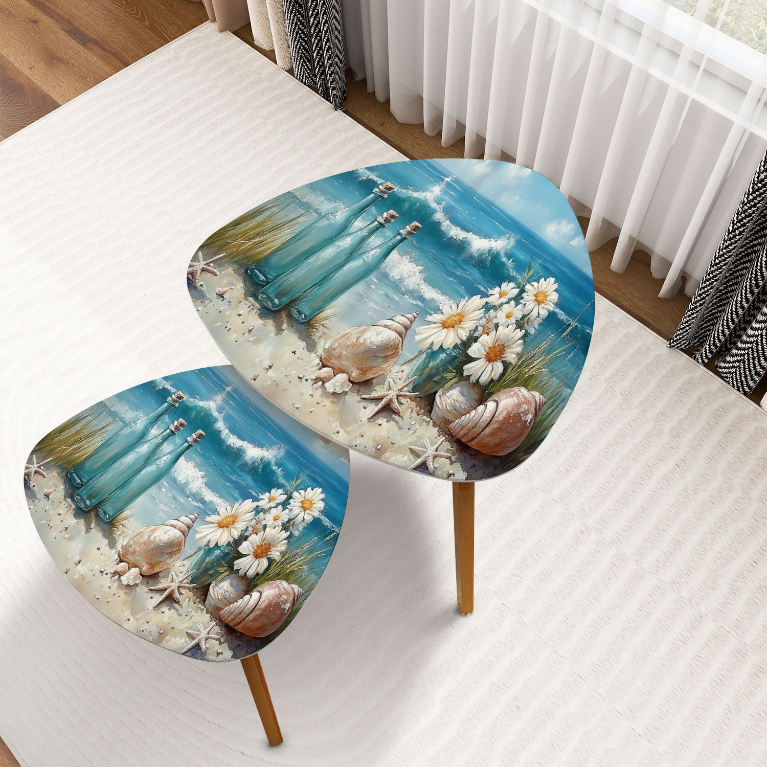 Triangle Nesting Coffee Table Set of 2 Blue Beach Ocean Floral Coastal ...