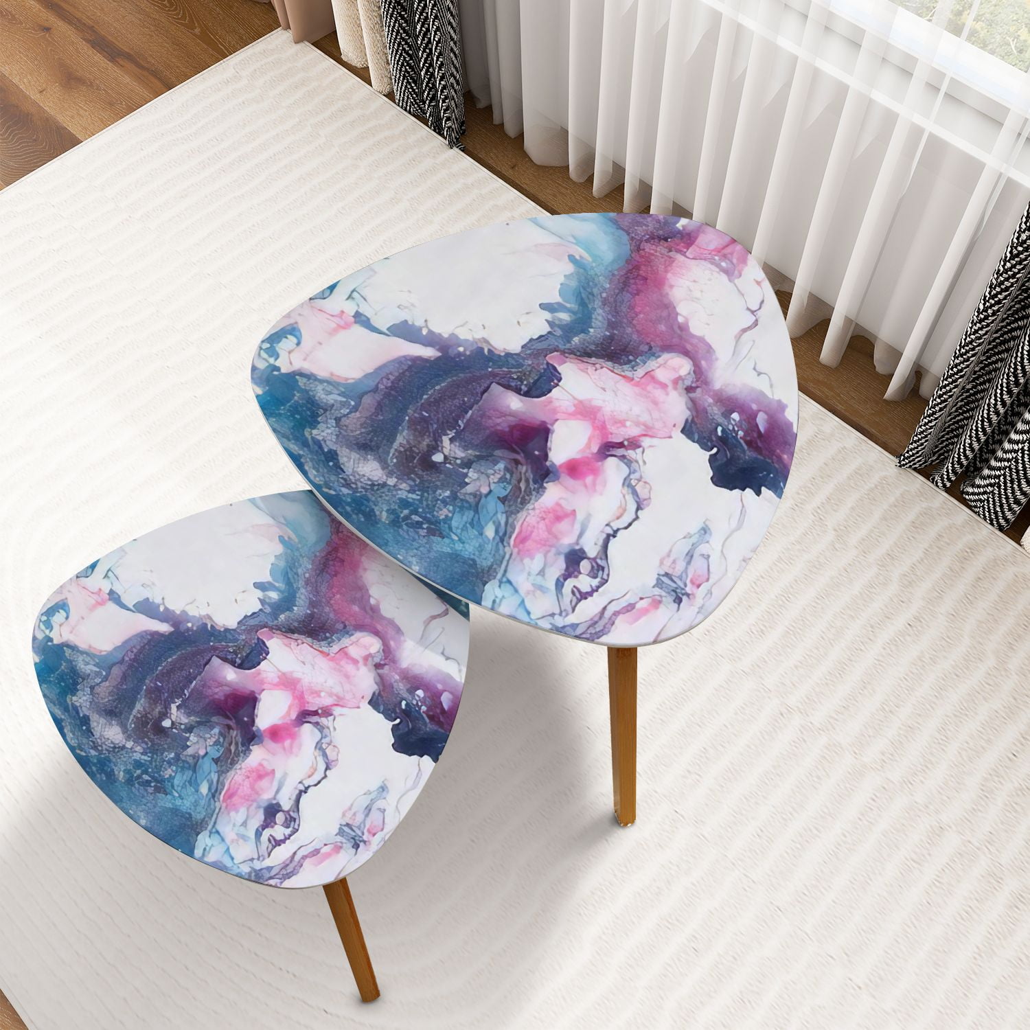 Triangle Nesting Coffee Table Set of 2 Blue pink hand painted close up ...