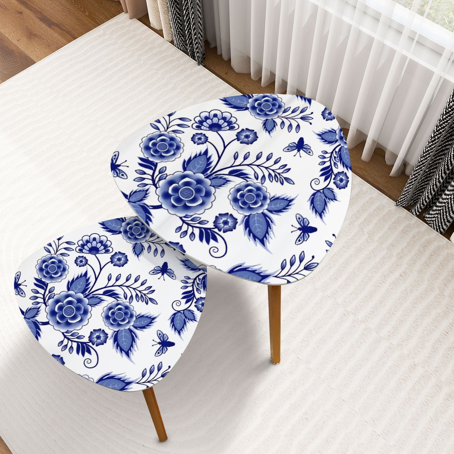 Triangle Nesting Coffee Table Set of 2 Blue white bouquet abstract ...