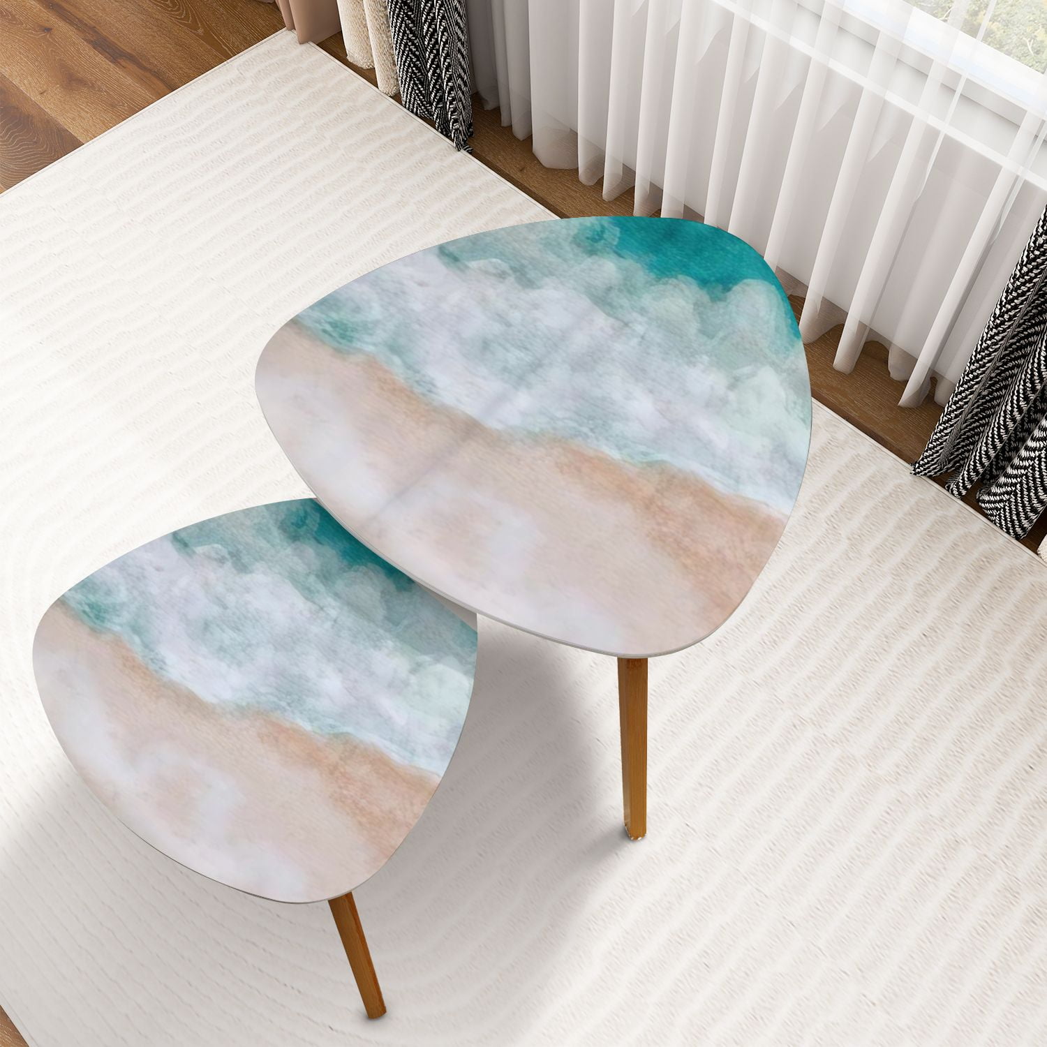 Triangle Nesting Coffee Table Set of 2 Boho Sea Beach Waves Print Abstract Bohemian boho End ...