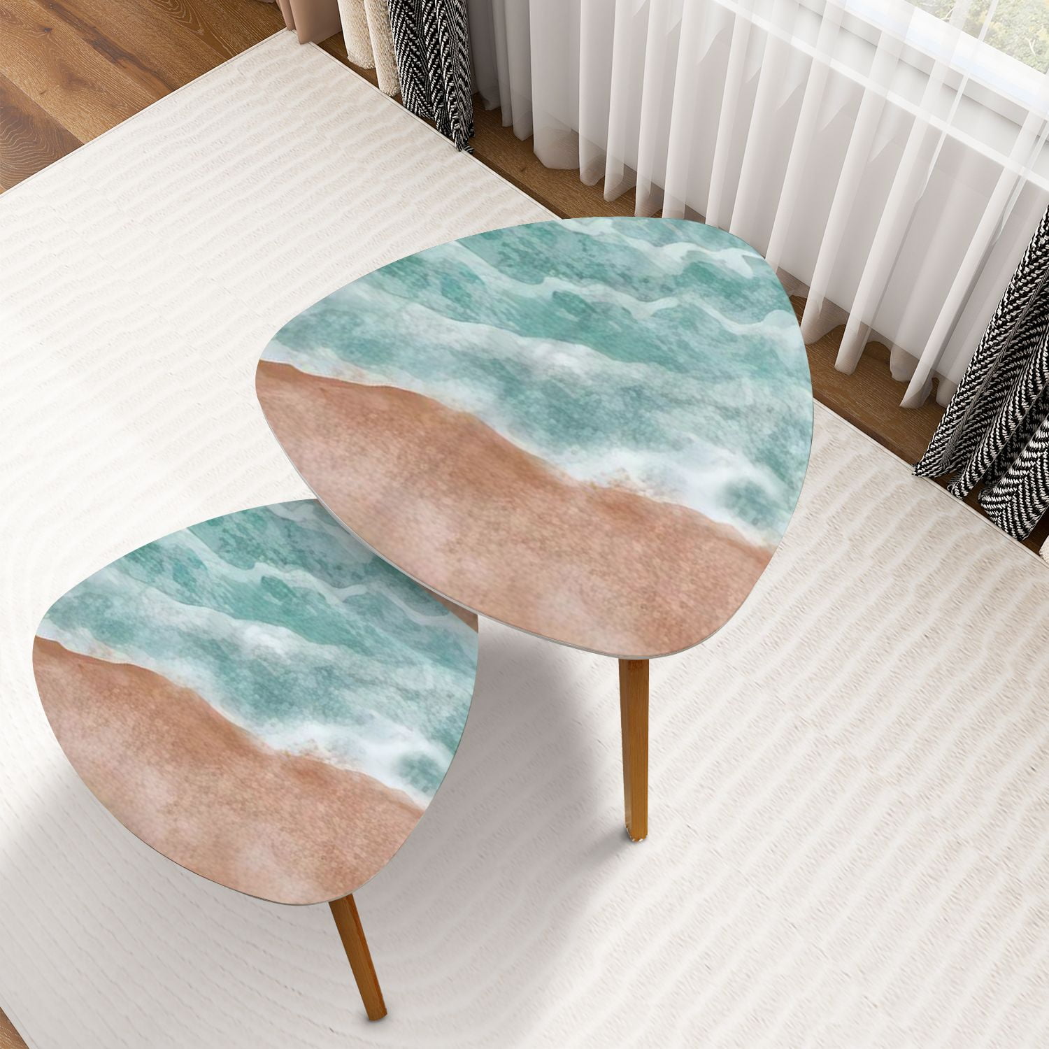 Triangle Nesting Coffee Table Set of 2 Boho Sea Beach Waves Print Abstract Bohemian boho End ...