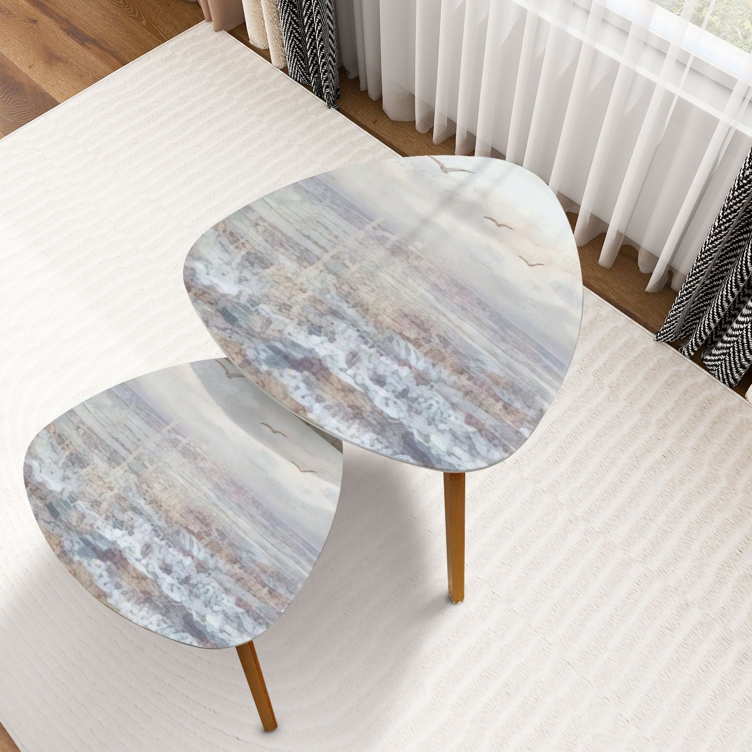 Triangle Nesting Coffee Table Set of 2 Boho Sea Beach Waves birds Print Abstract Bohemian wall ...