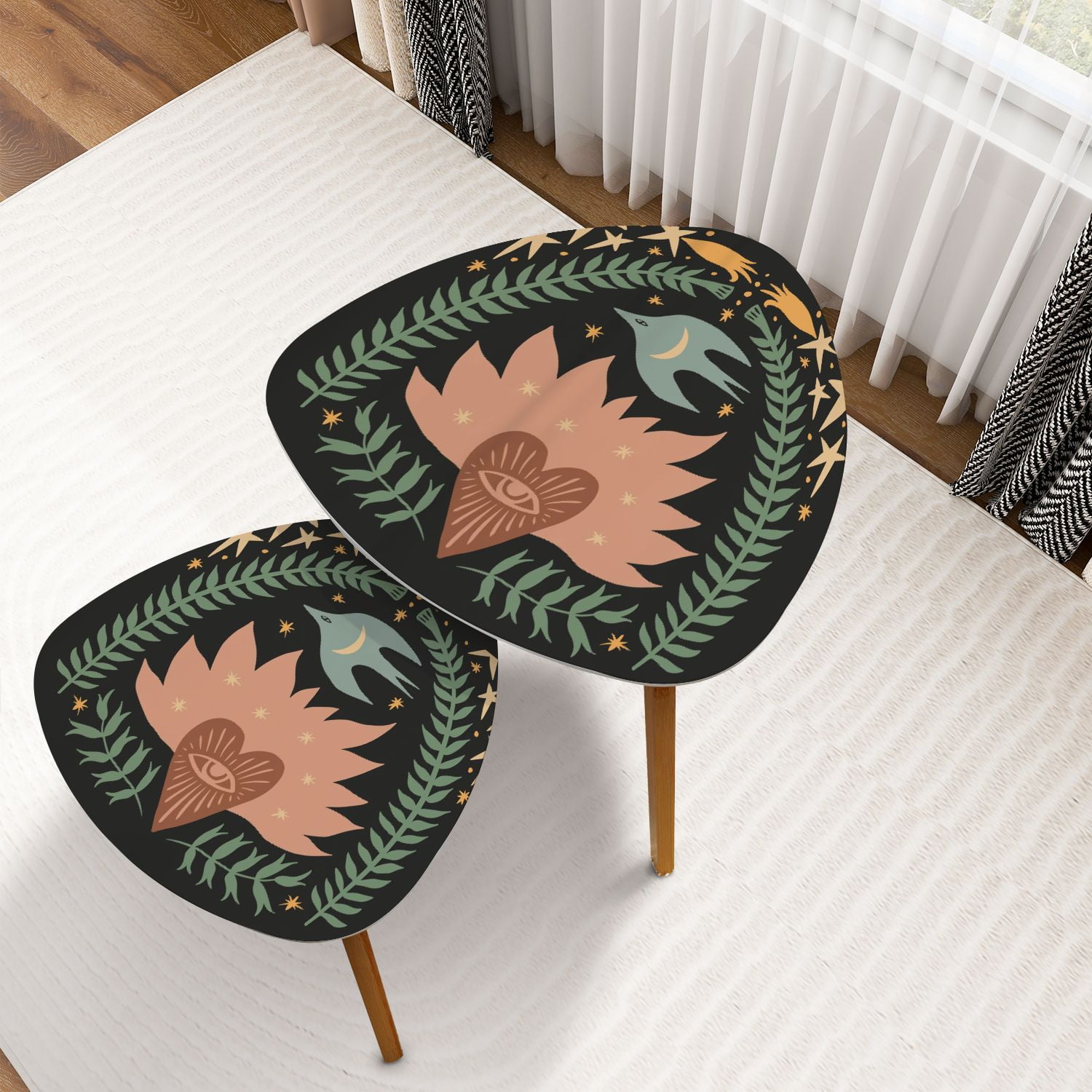 Triangle Nesting Coffee Table Set of 2 Boho naive handdrawn style art ...