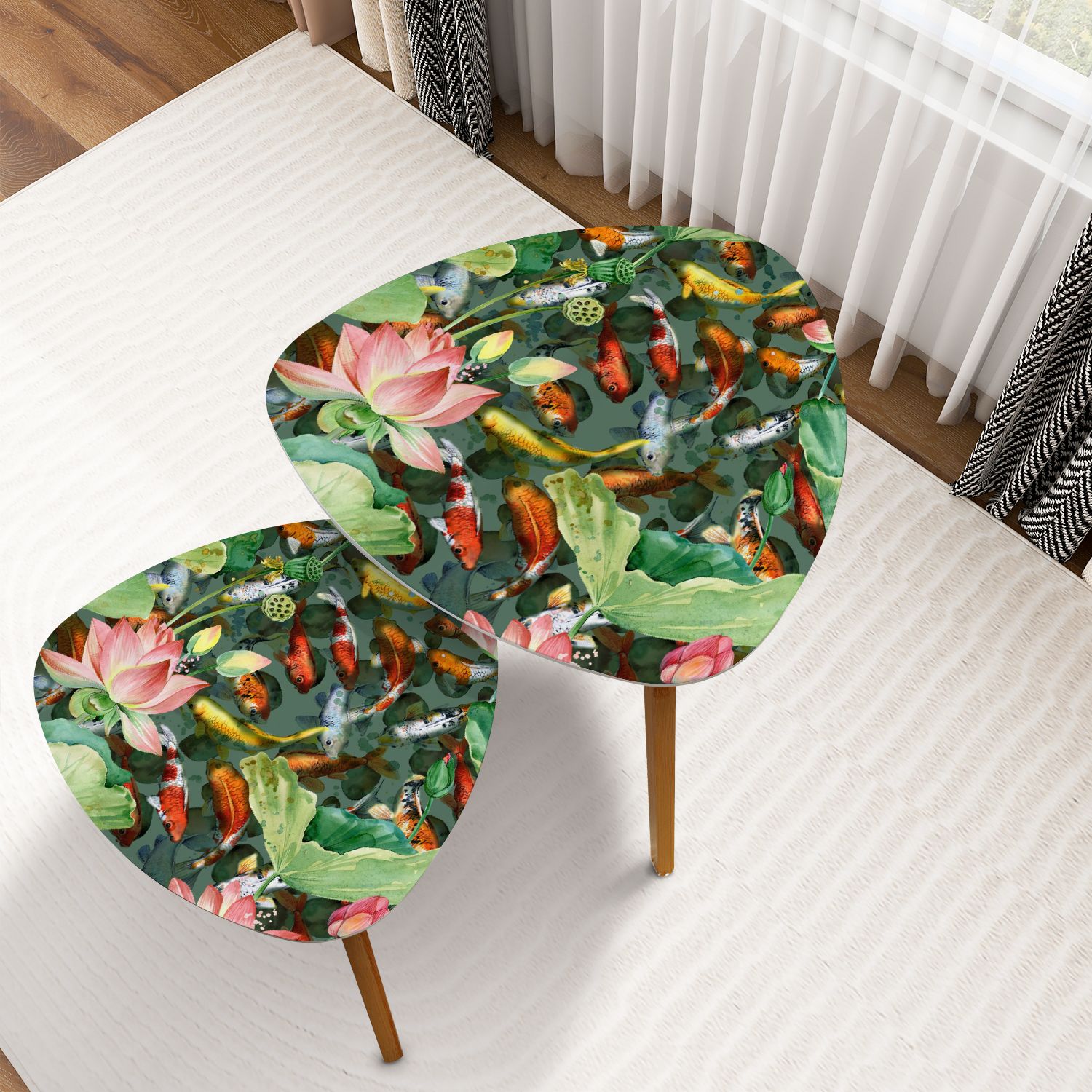 Triangle Nesting Coffee Table Set of 2 Carp flower lotus seamless fish ...
