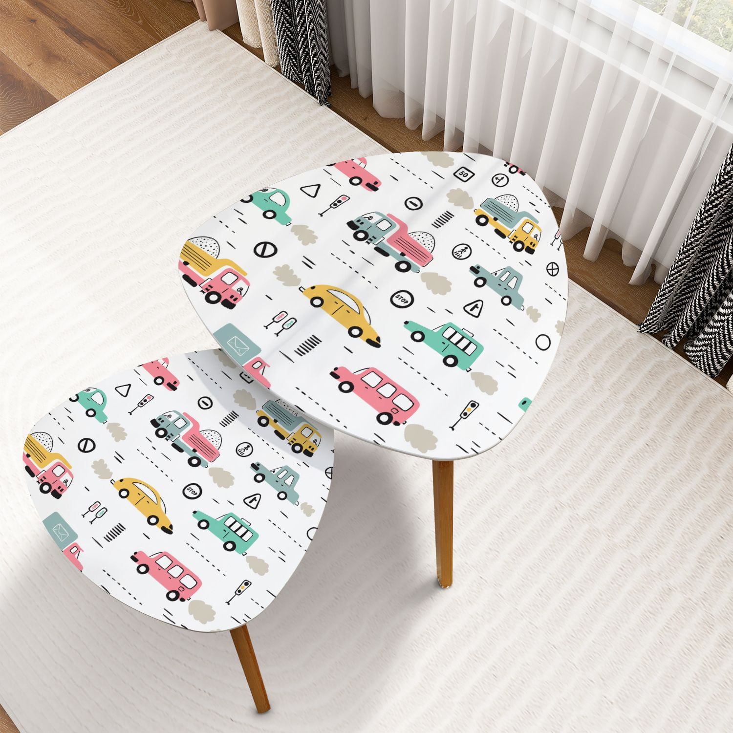 Triangle Nesting Coffee Table Set of 2 Cartoon Transportation for Kids ...