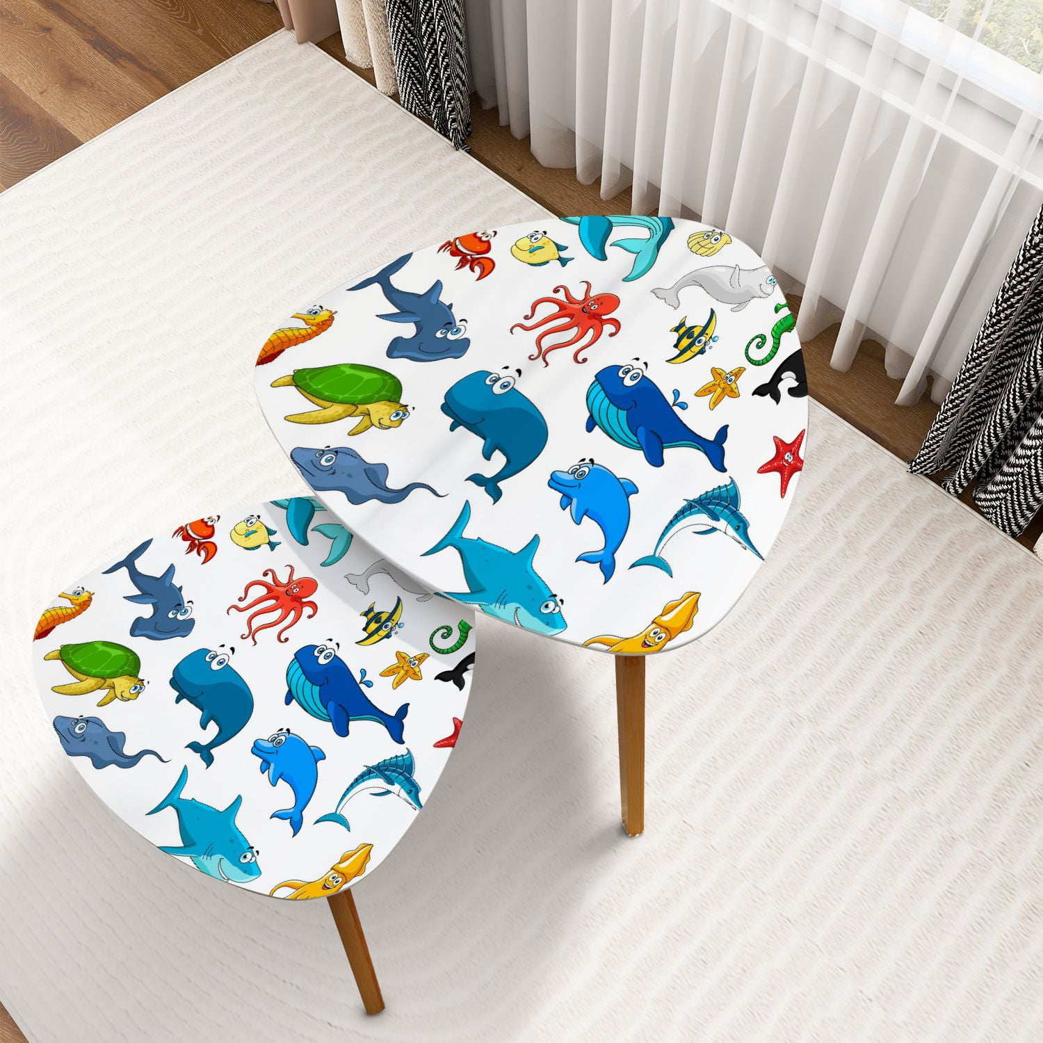 Triangle Nesting Coffee Table Set of 2 Cartoon sea animals icons Fish ...