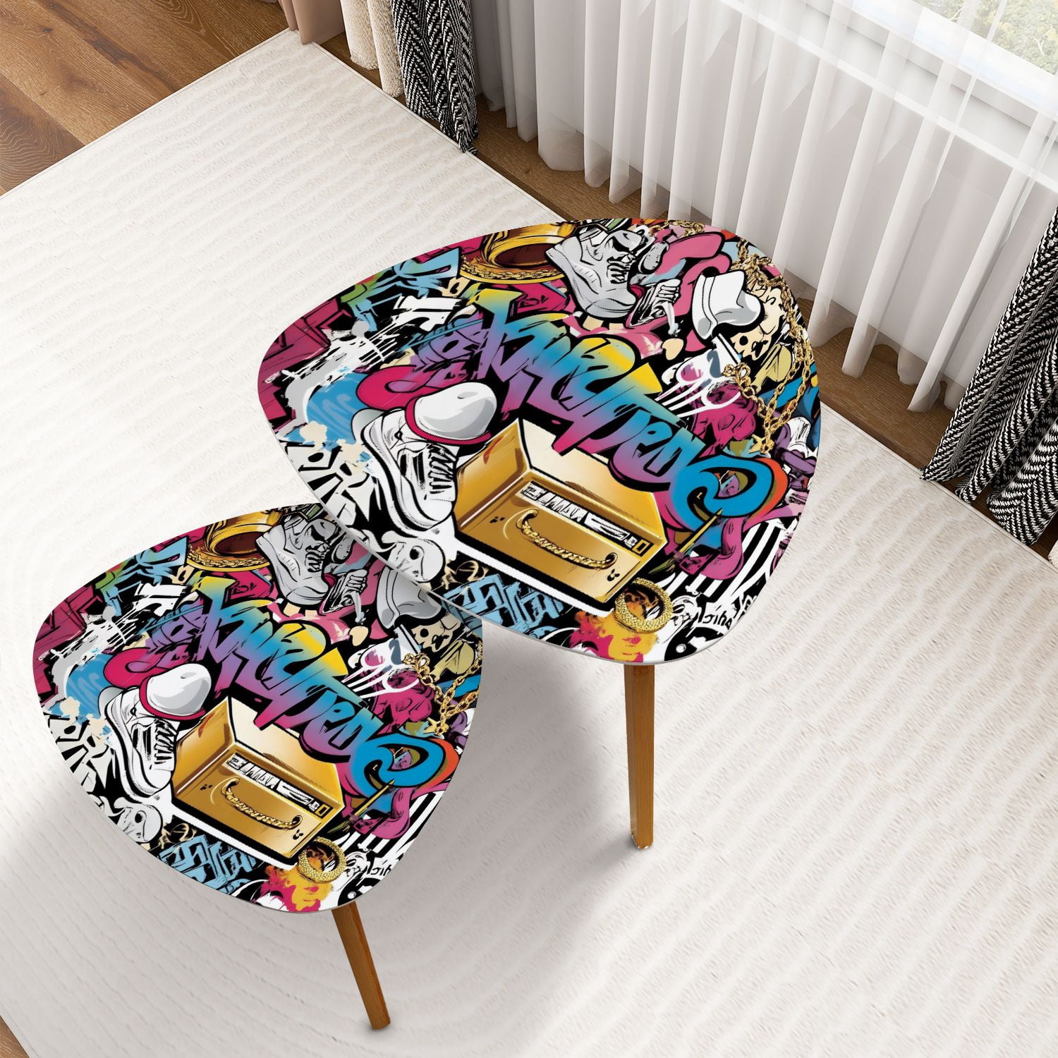 Triangle Nesting Coffee Table Set of 2 Colorful Graffiti 80s 90s Hip ...
