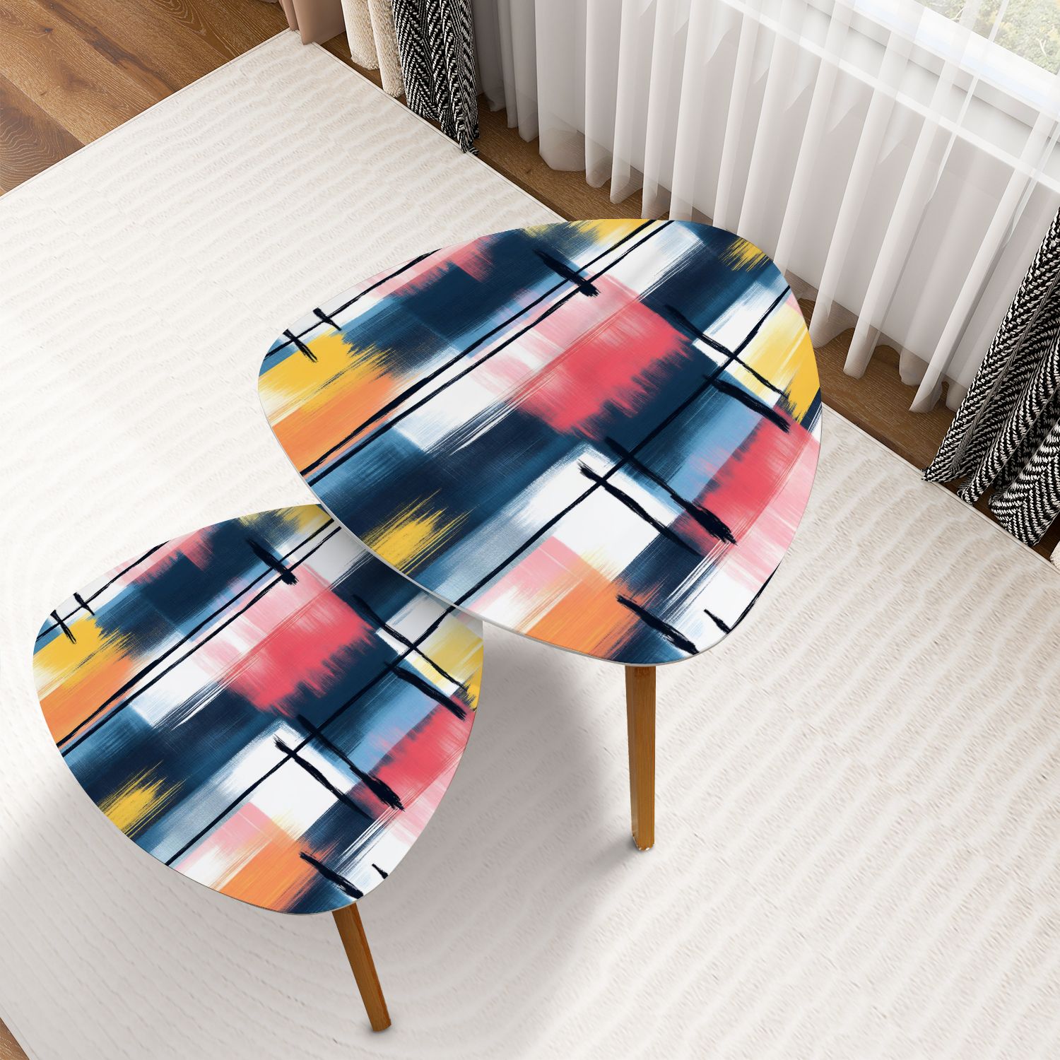 Triangle Nesting Coffee Table Set of 2 Colorful Plaid Check Square ...