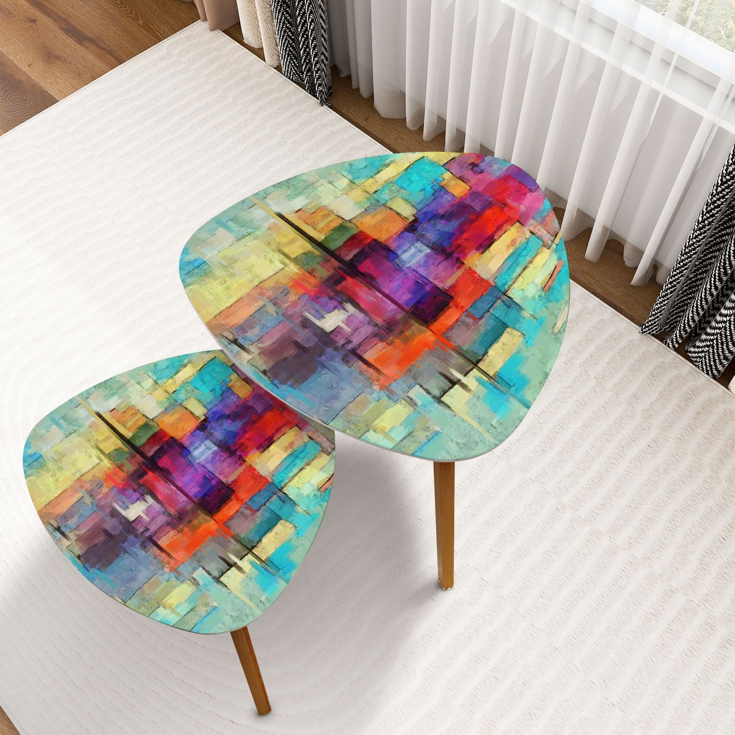 Triangle Nesting Coffee Table Set of 2 Colorful abstract oil painting ...