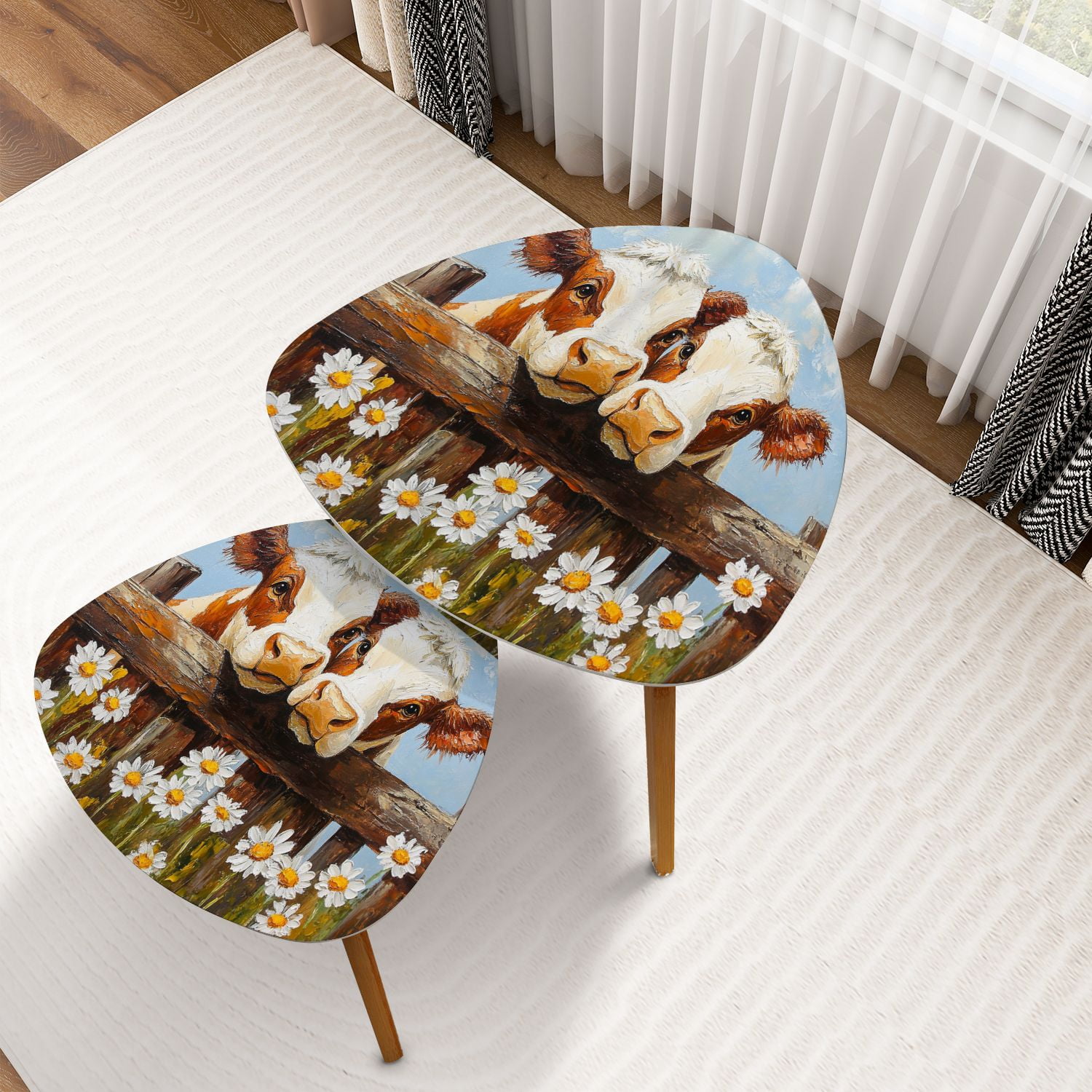 Triangle Nesting Coffee Table Set of 2 Couple Cow Love Themed Curious ...