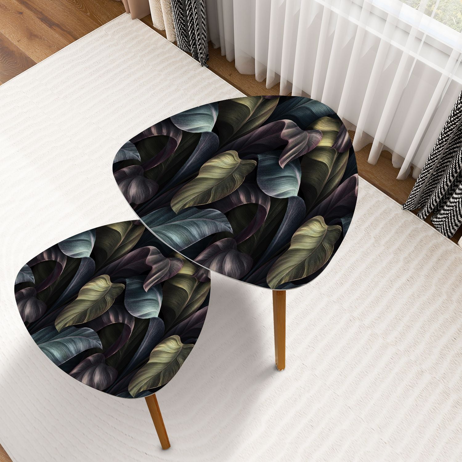 Triangle Nesting Coffee Table Set of 2 Dark tropical leaves golden ...