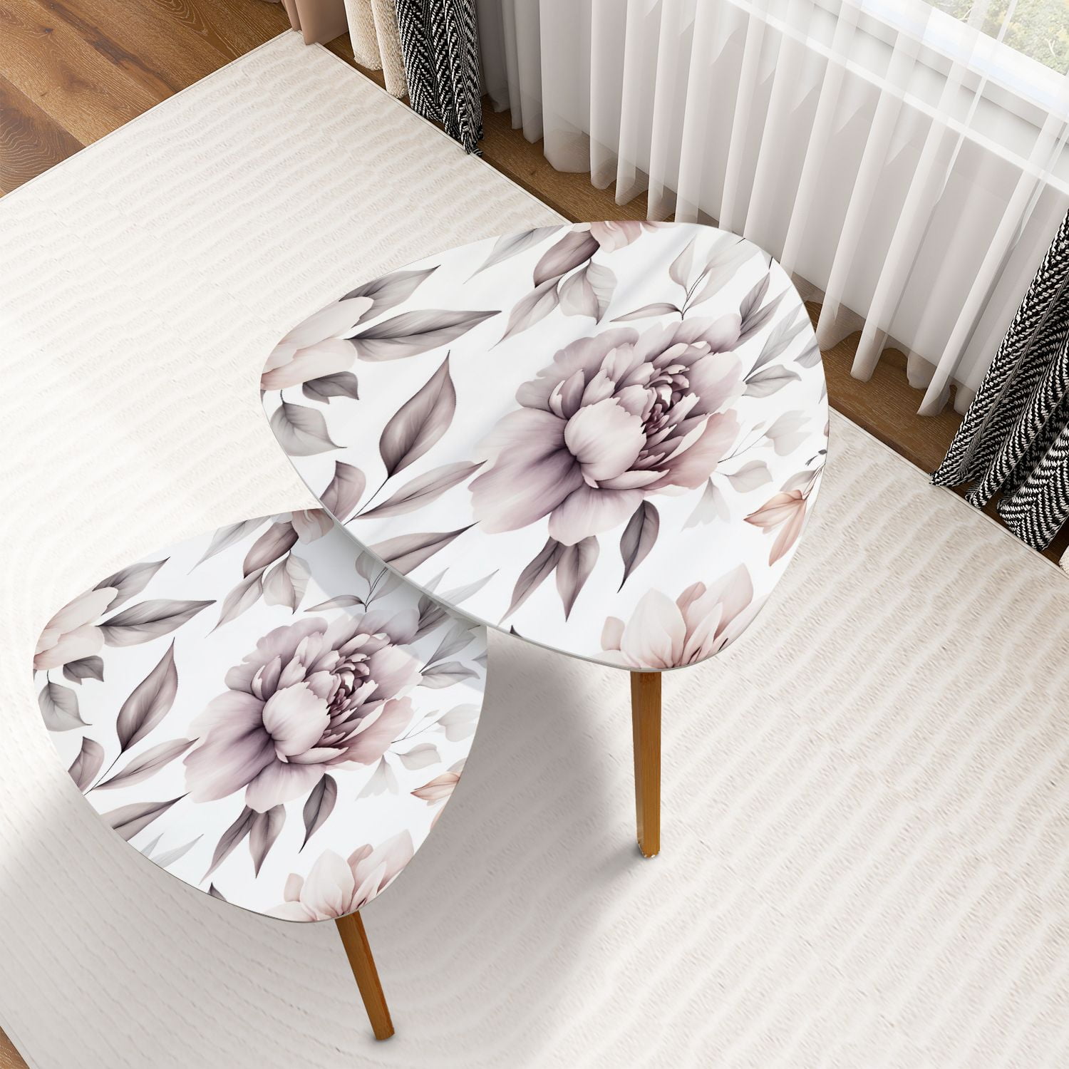 Triangle Nesting Coffee Table Set of 2 Floral Watercolor Flower Purple Peony Flowers Rose ...