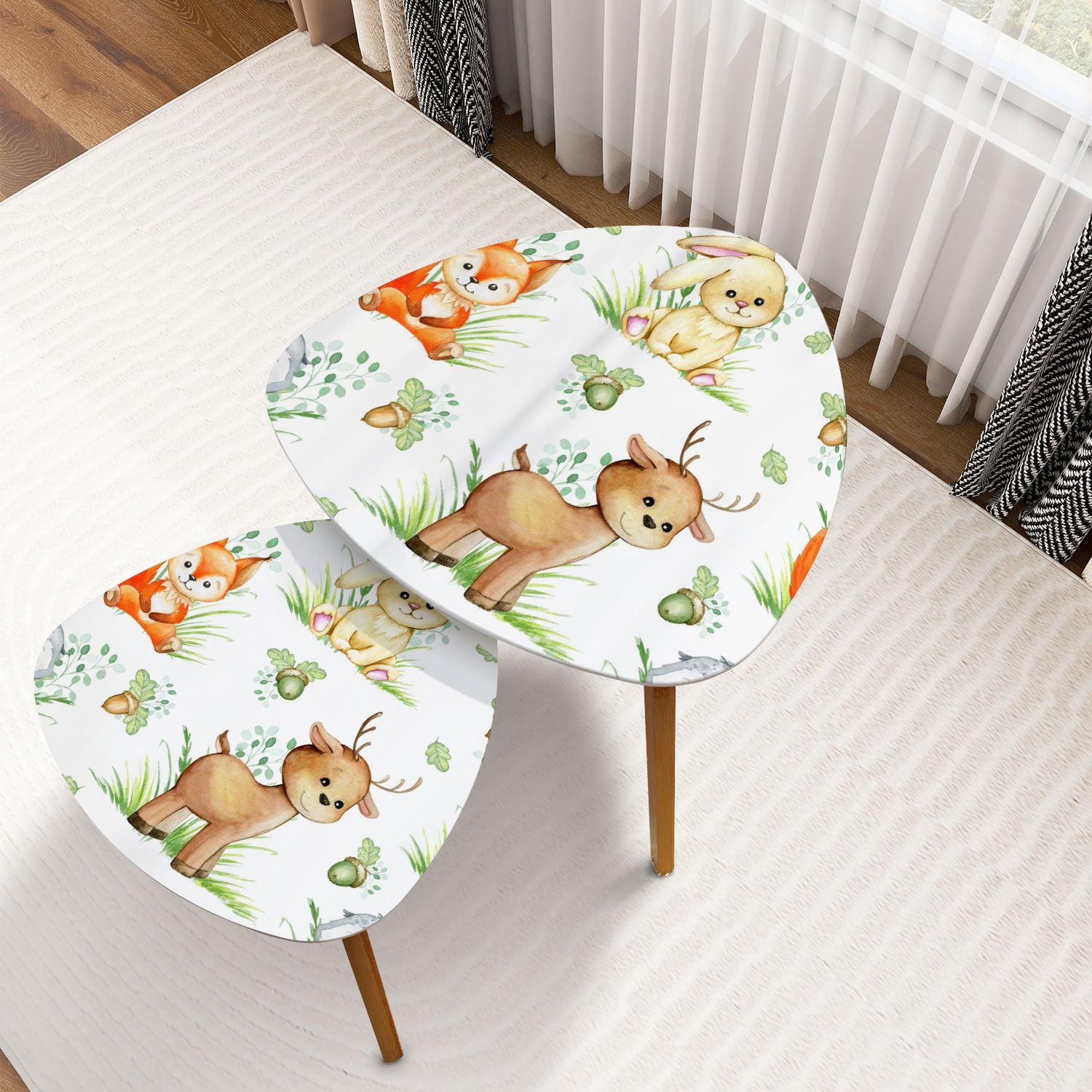 Triangle Nesting Coffee Table Set of 2 Forest animals squirrel deer owl ...