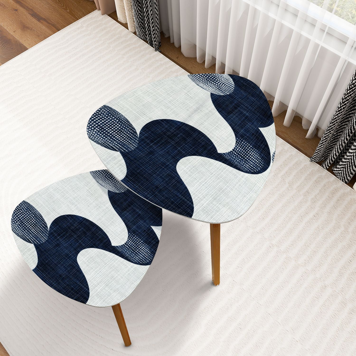 Triangle Nesting Coffee Table Set of 2 Geometric Curveball Collection Repeating Loops Blue White ...