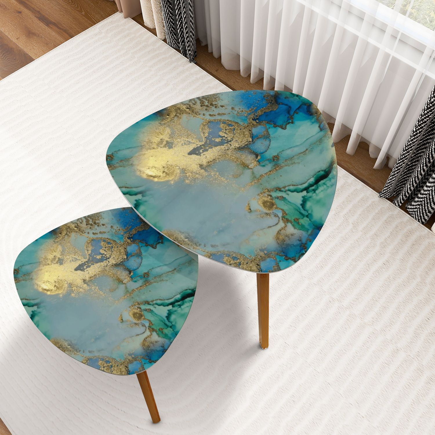 Triangle Nesting Coffee Table Set of 2 Gold Marble Alcohol Ink Blue ...