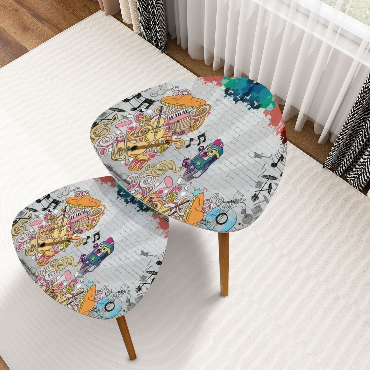 Triangle Nesting Coffee Table Set of 2 Gray brick wall colored spots ...