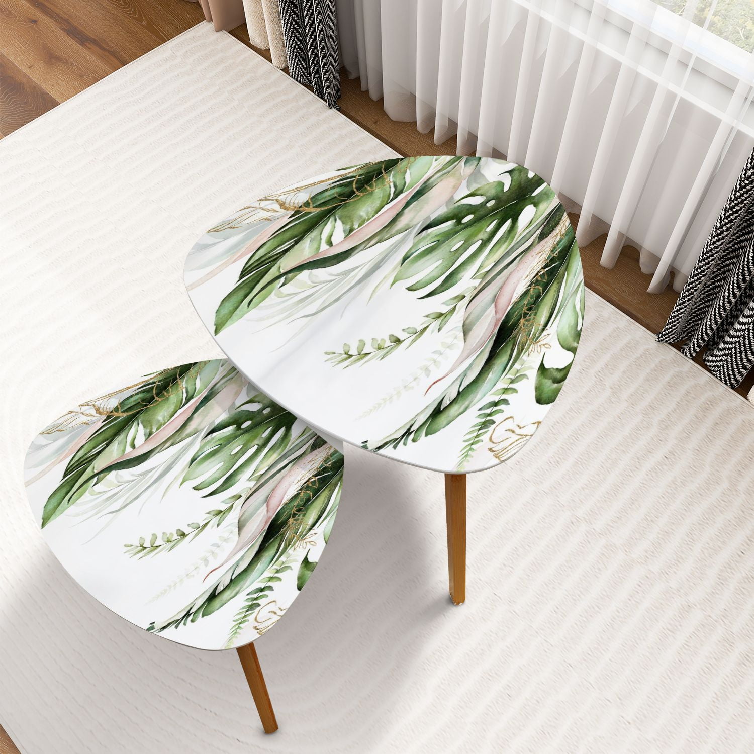 Triangle Nesting Coffee Table Set of 2 Green blush tropical leaves ...