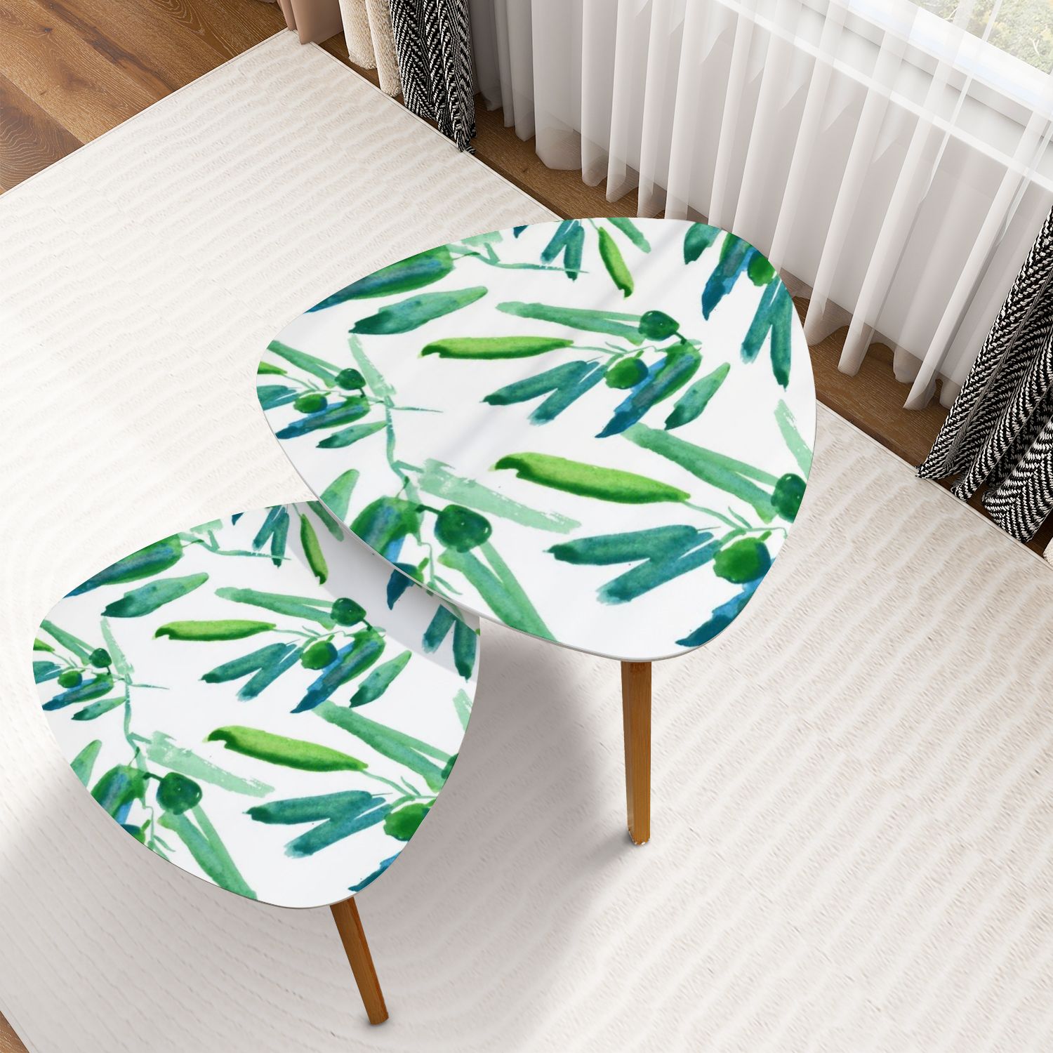 Triangle Nesting Coffee Table Set of 2 Green leaves white Seamless ...