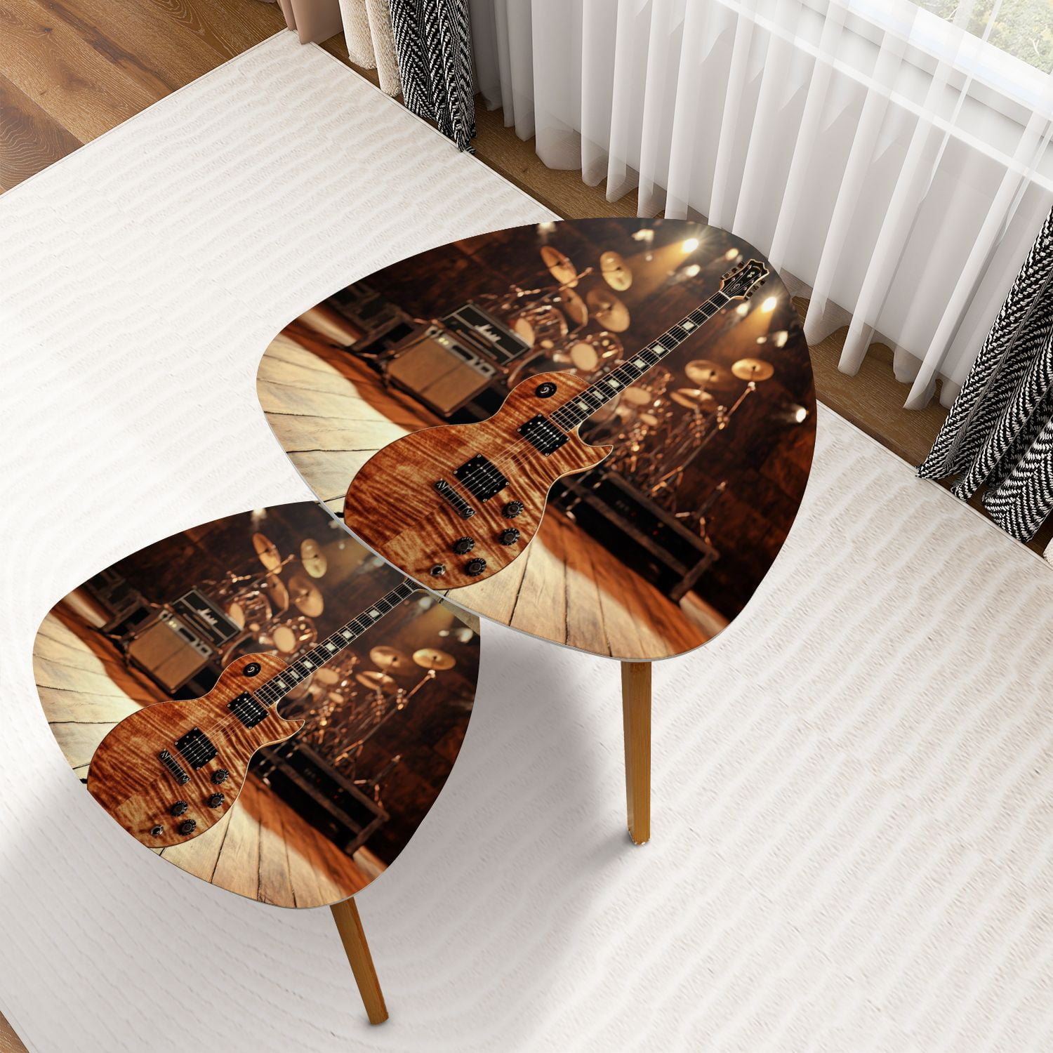 Triangle Nesting Coffee Table Set of 2 Guitar Vintage Music Man Cave Electric Stage Lights Drums ...