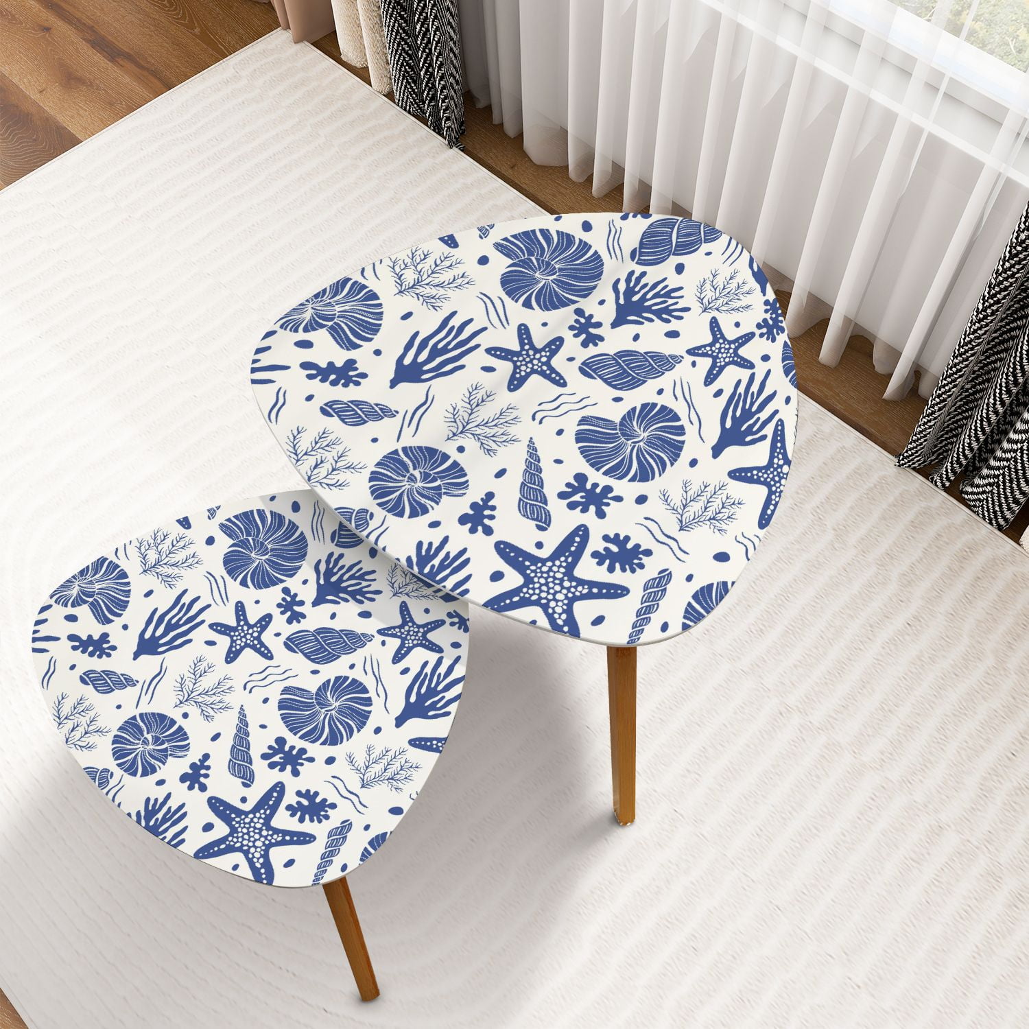 Triangle Nesting Coffee Table Set of 2 Hand Drawn Sea Shells Fossils ...