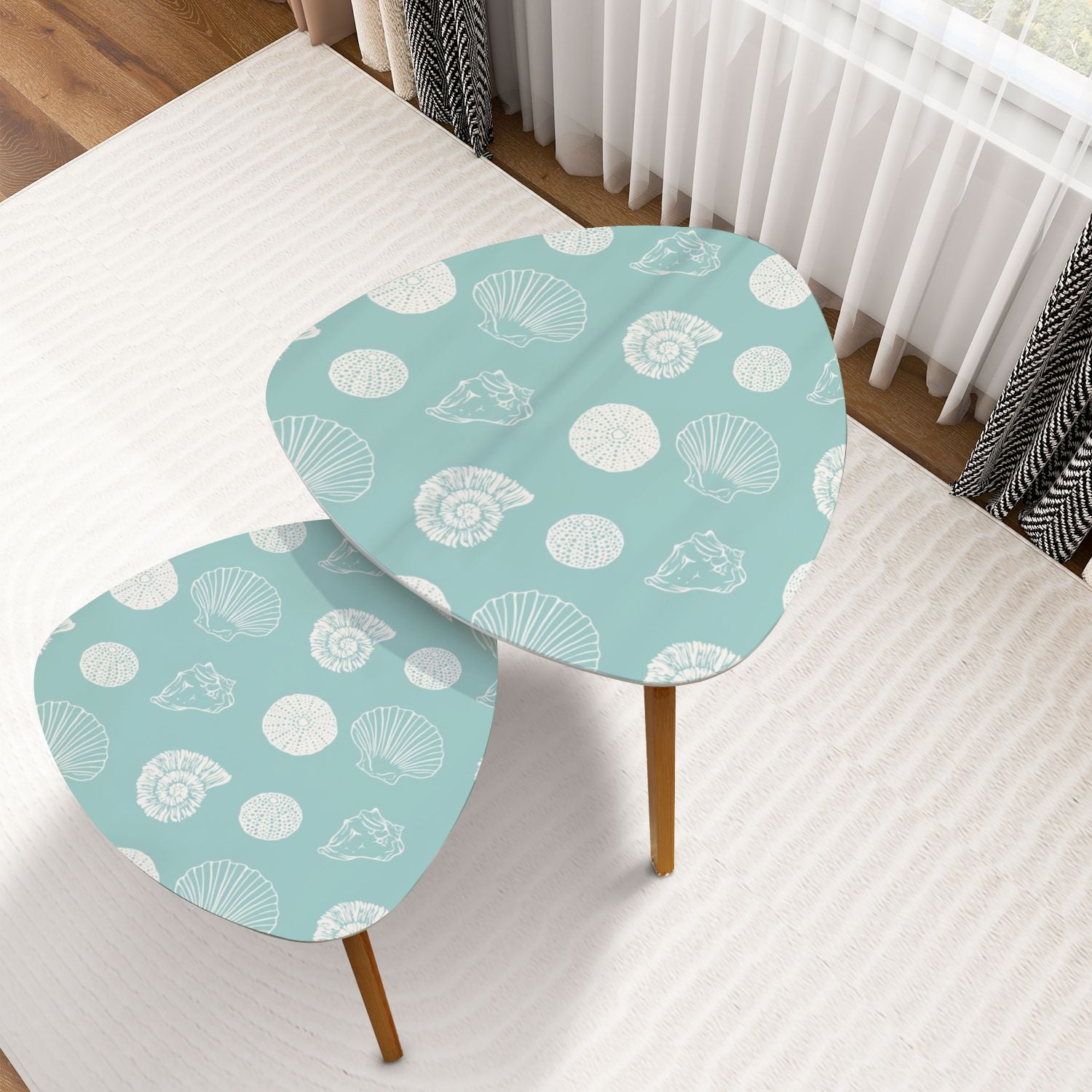 Triangle Nesting Coffee Table Set of 2 Hand Drawn Seashell Sea Urchin ...