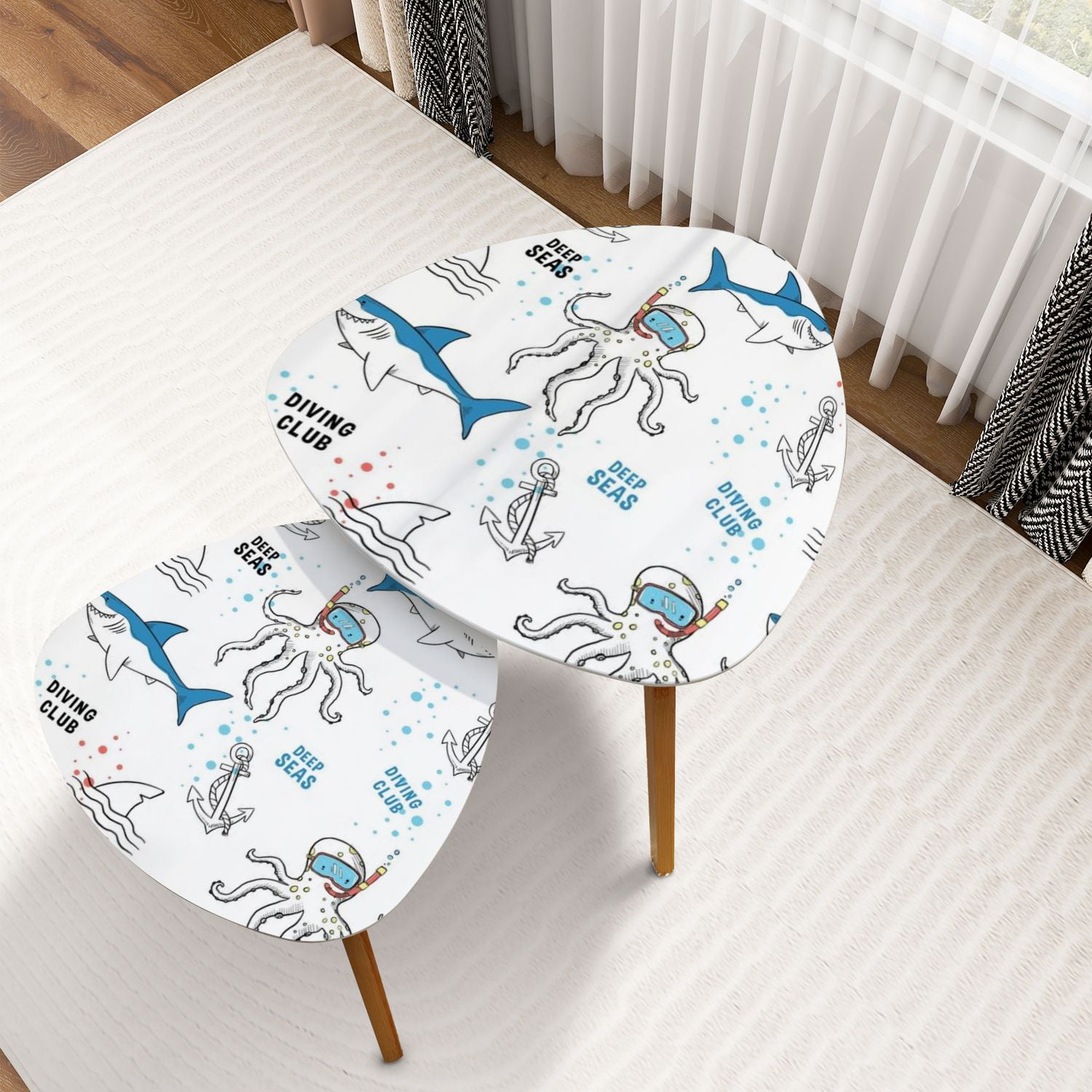 Triangle Nesting Coffee Table Set of 2 Hand drawn cute shark octopus drawing seamless pattern ...