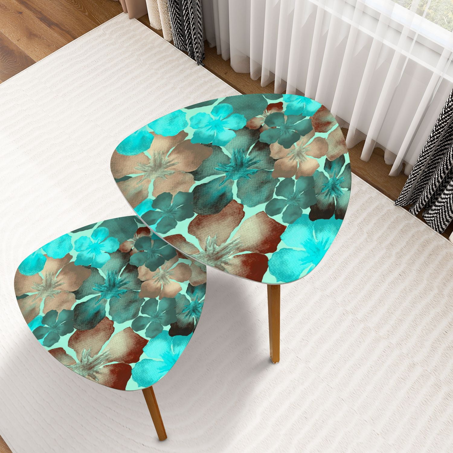Triangle Nesting Coffee Table Set of 2 Hawaiian watercolor Indigo blue ...