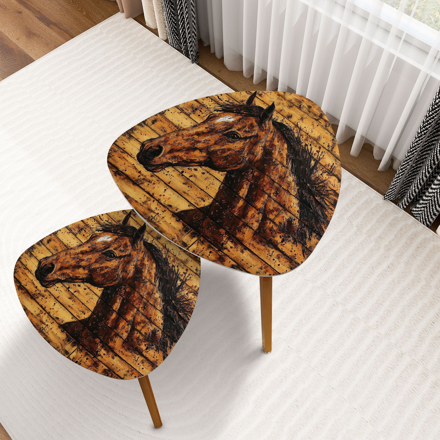 Triangle Nesting Coffee Table Set of 2 Horse Portrait Wooden Flowing ...