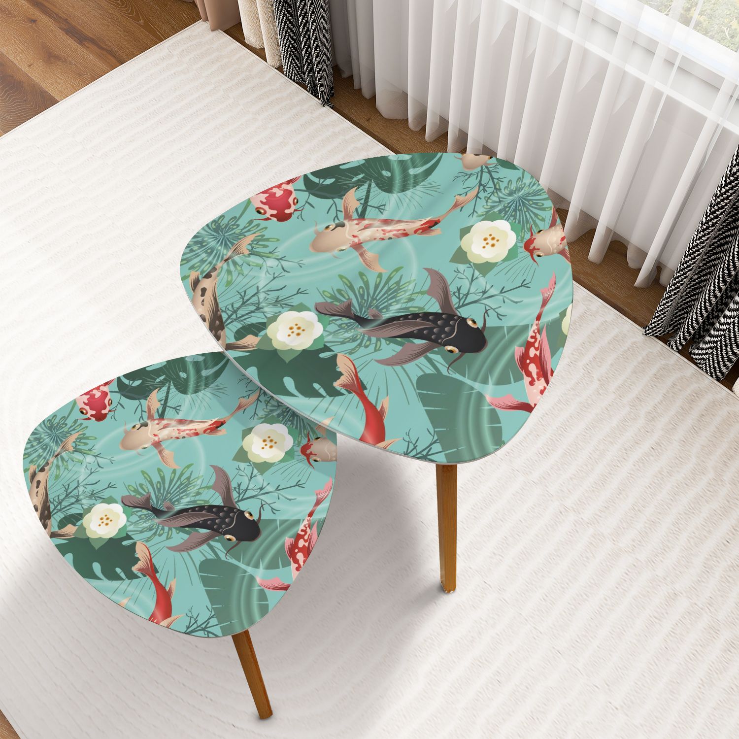 Triangle Nesting Coffee Table Set of 2 Japanese koi fishes tropical ...