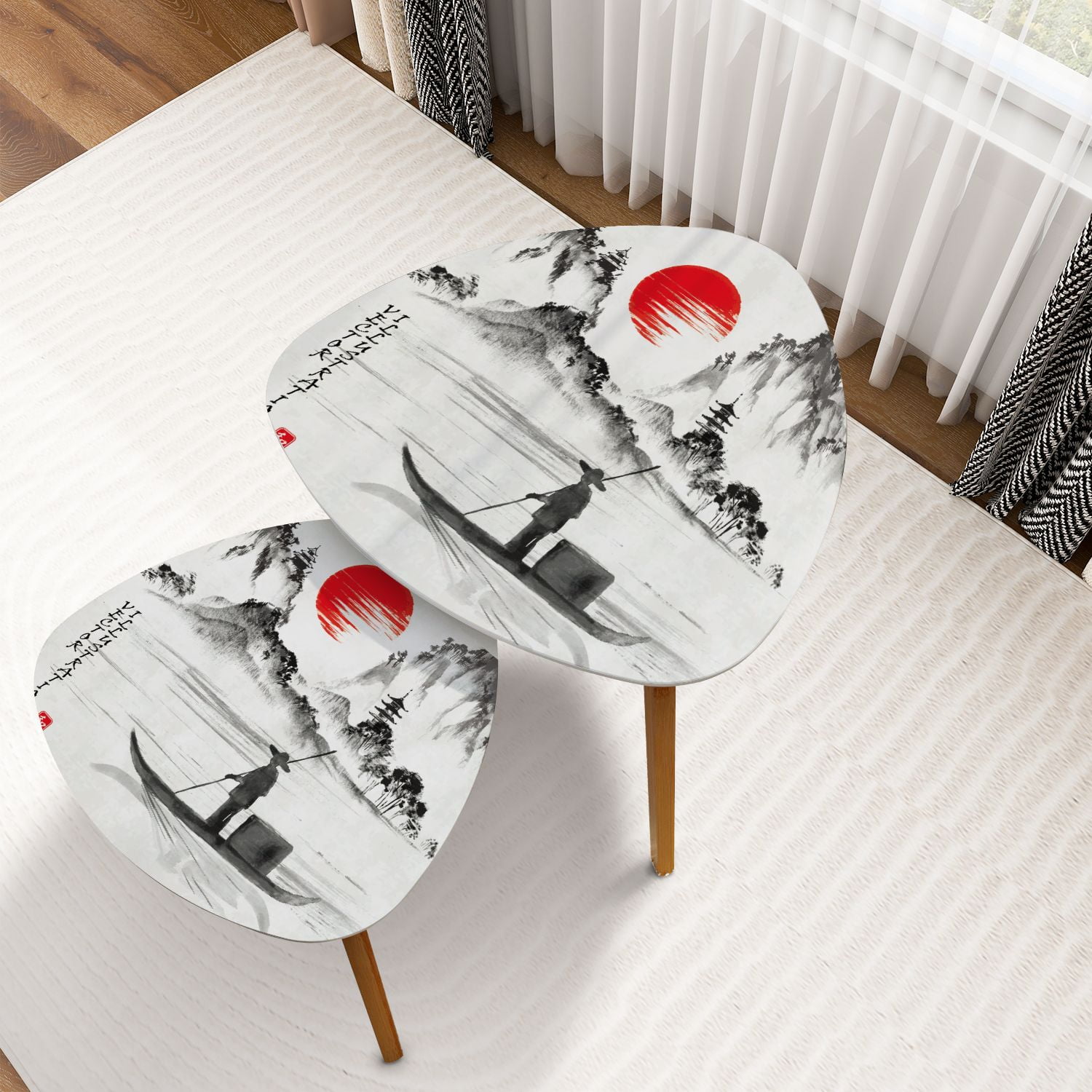 Triangle Nesting Coffee Table Set of 2 Landscape hills sun lake ...