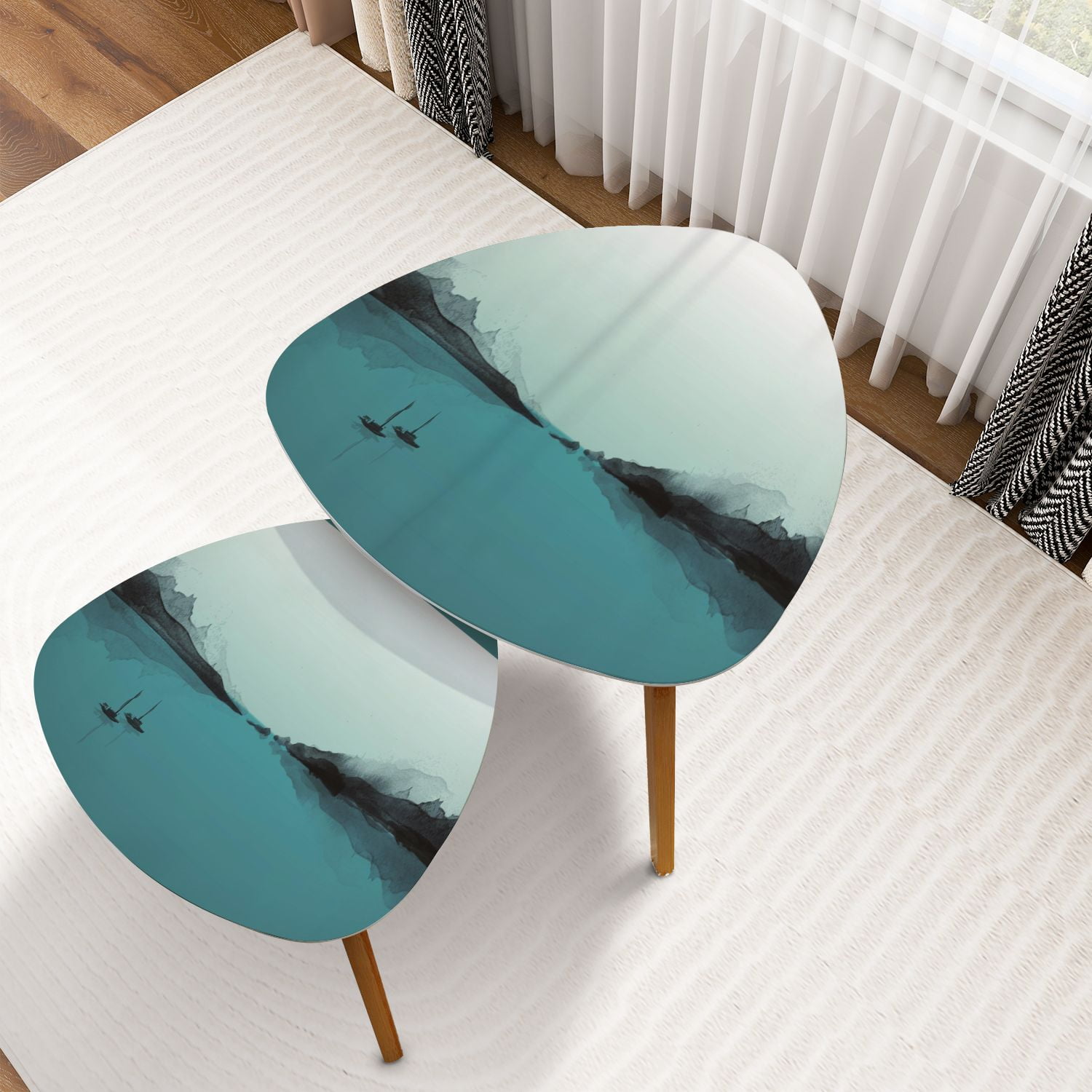 Triangle Nesting Coffee Table Set of 2 Landscape islands boats blue ...