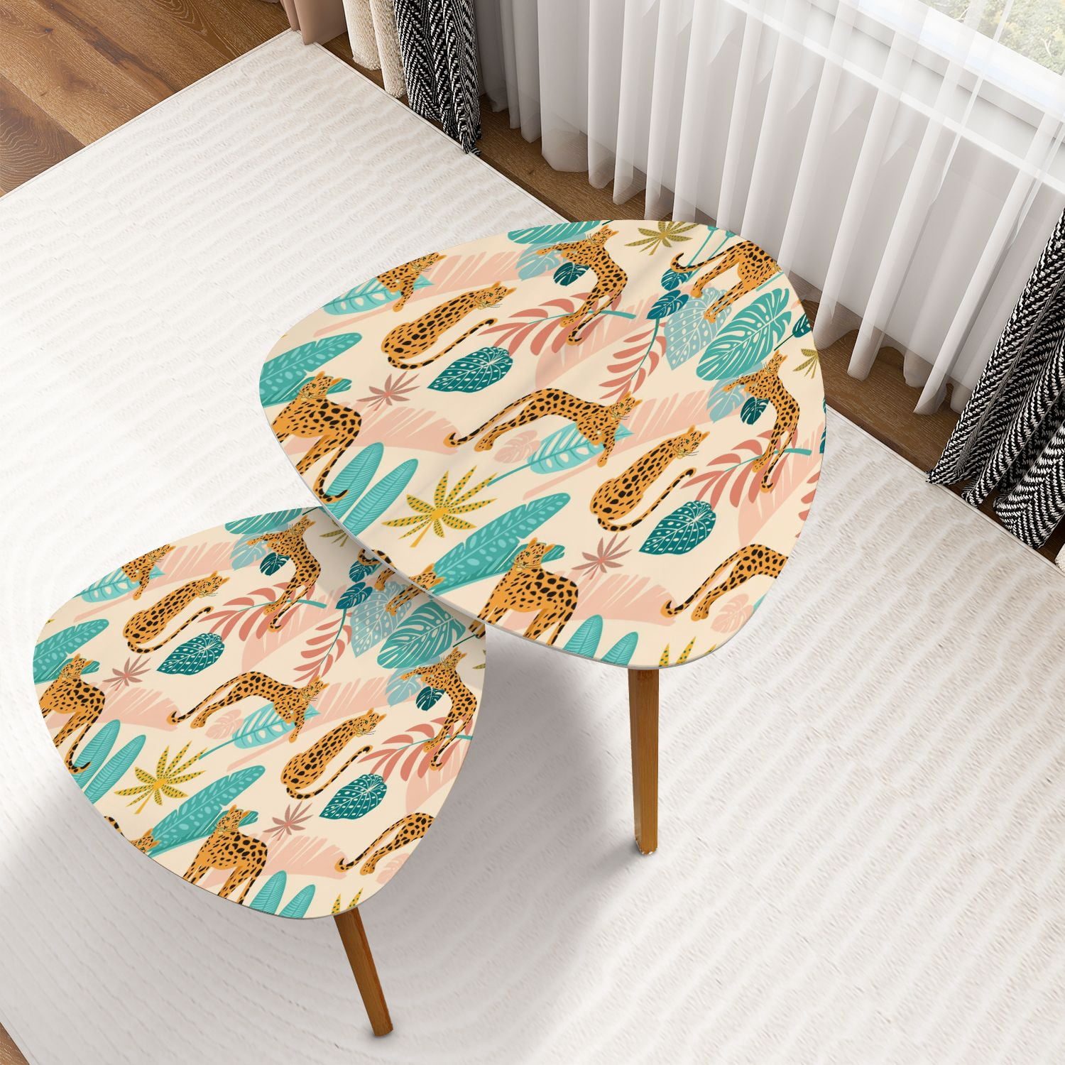 Triangle Nesting Coffee Table Set of 2 Leopard pattern tropical leaves ...