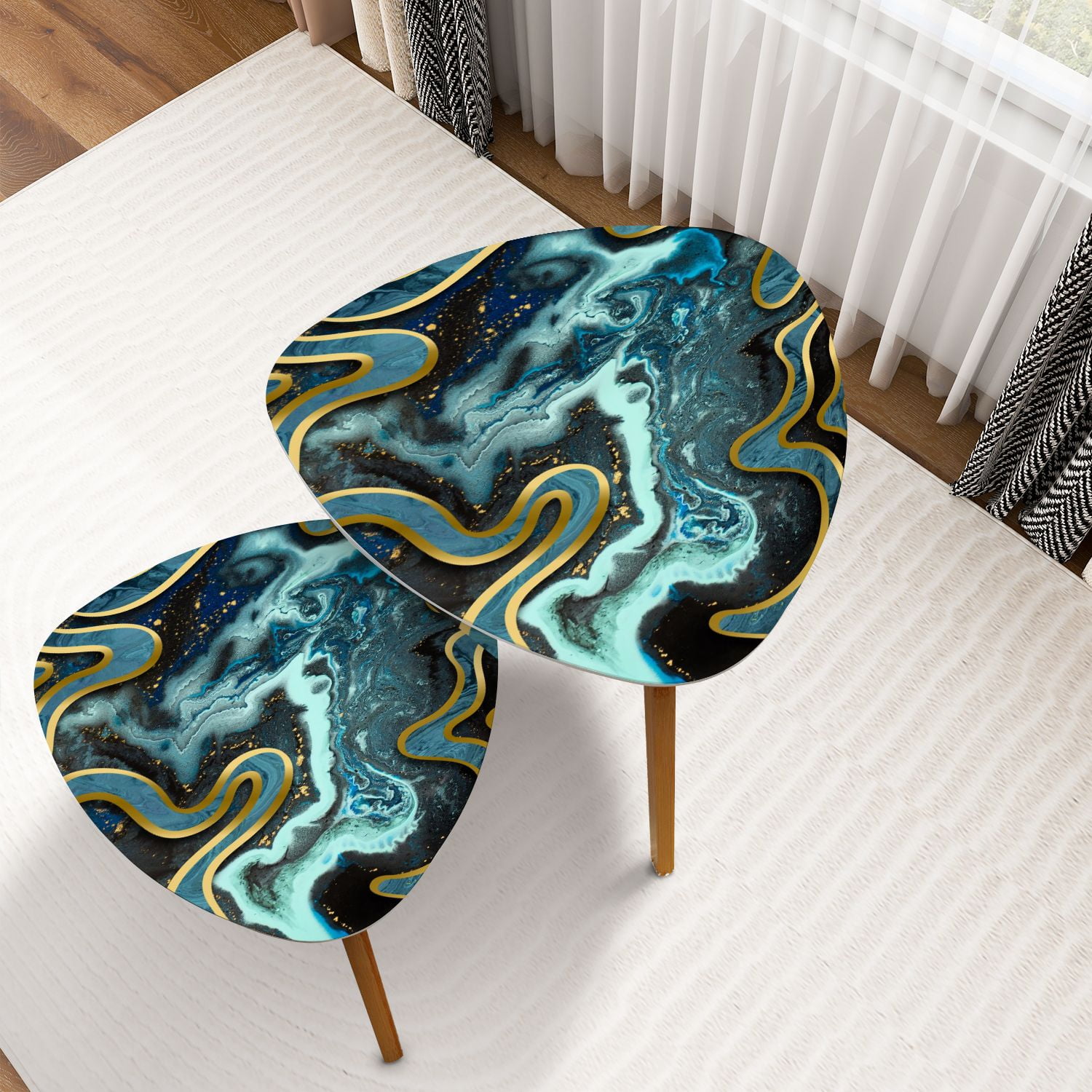 Triangle Nesting Coffee Table Set of 2 Marble abstract acrylic Blue ...