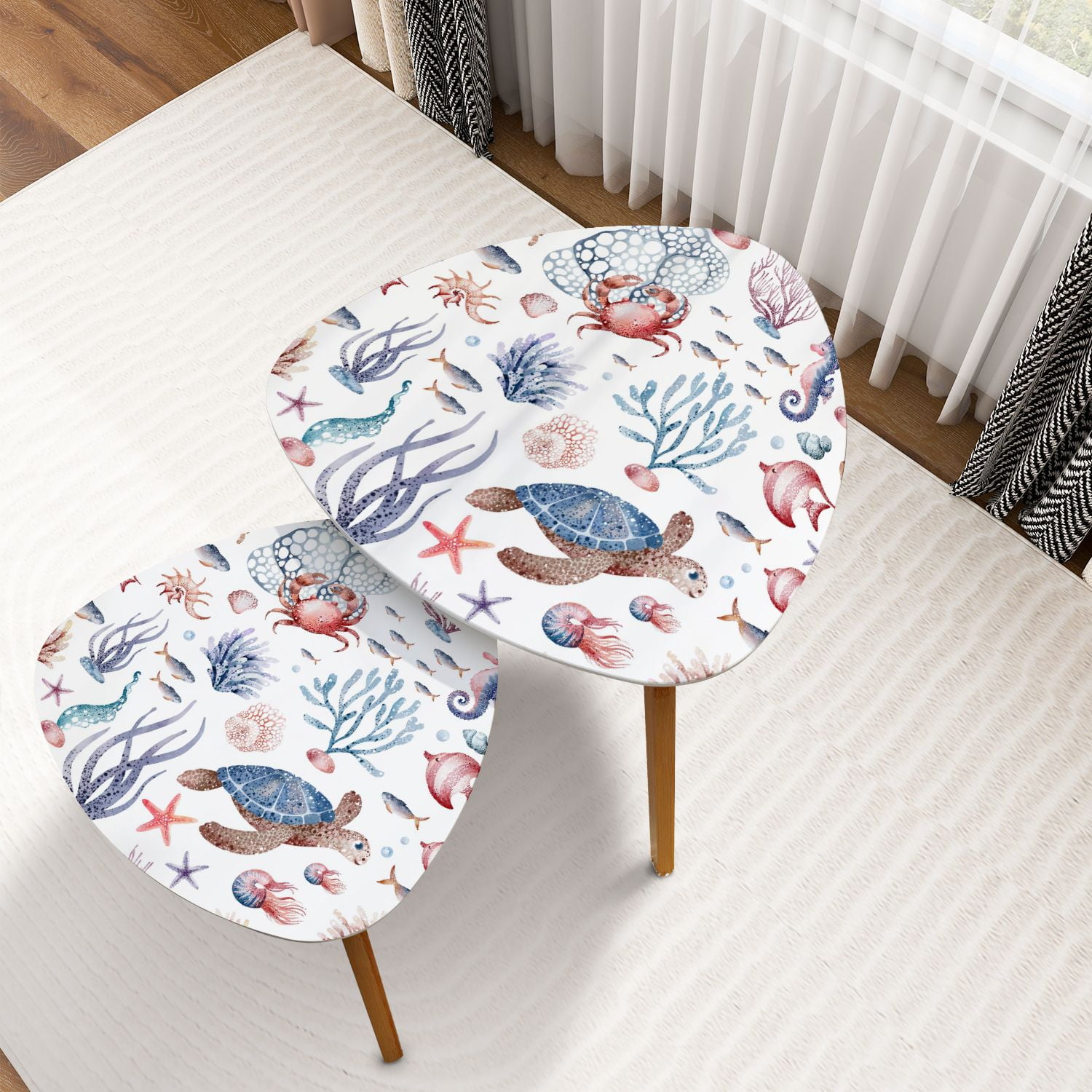 Triangle Nesting Coffee Table Set of 2 Marine seamless pattern marine animals corals plants ...