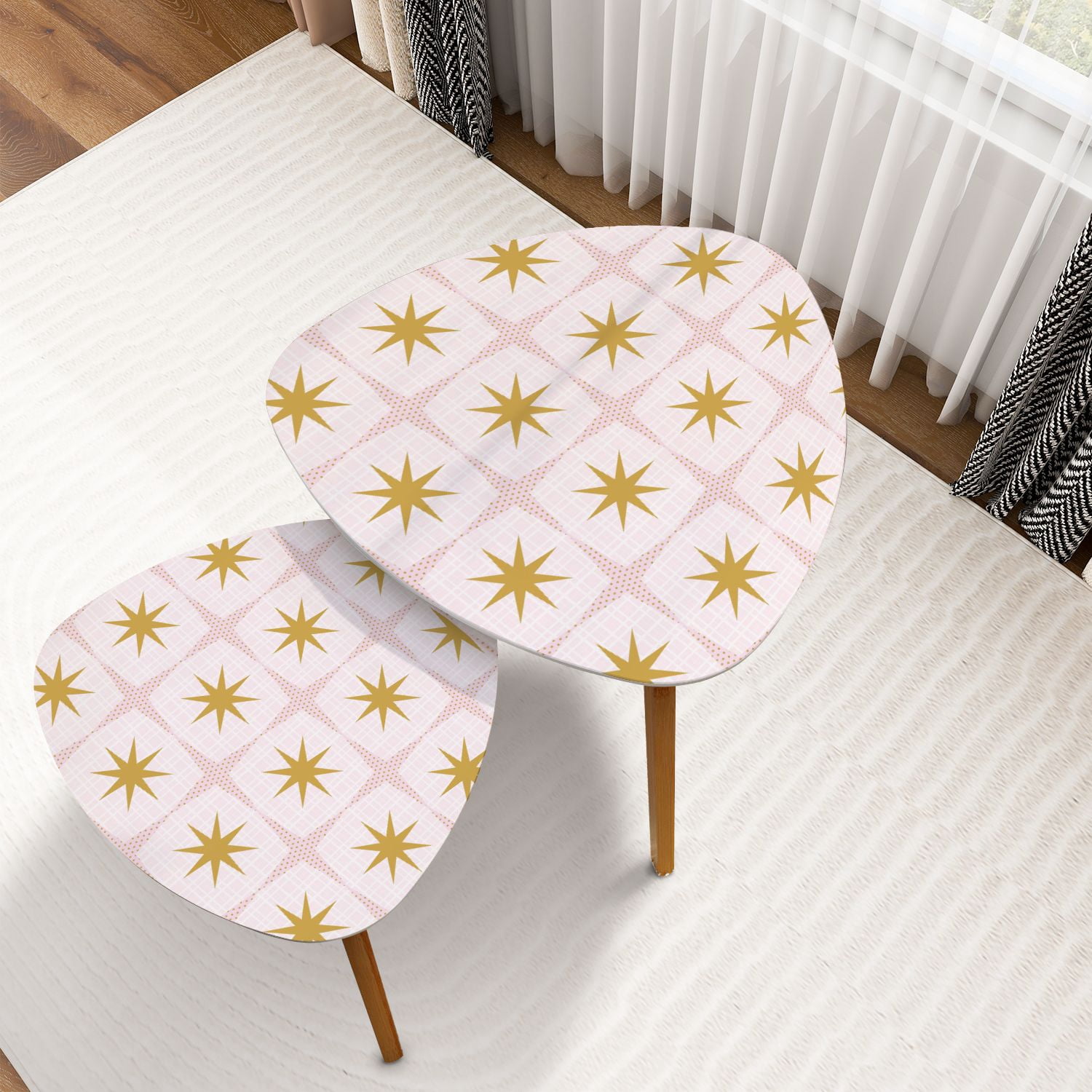 Triangle Nesting Coffee Table Set of 2 Mid Century Gold Geometric Stars ...