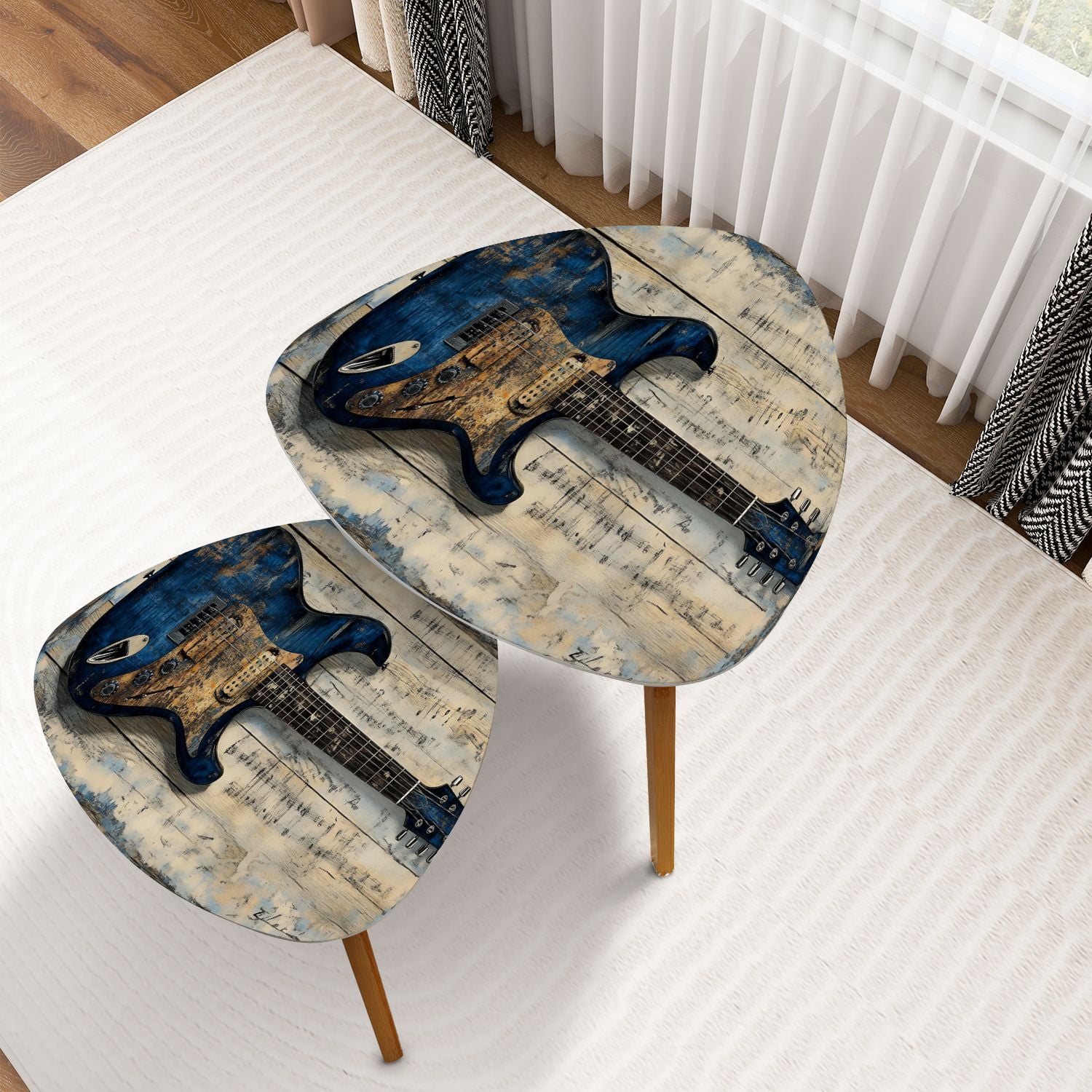 Triangle Nesting Coffee Table Set of 2 Modern Blue Guitar Musical ...
