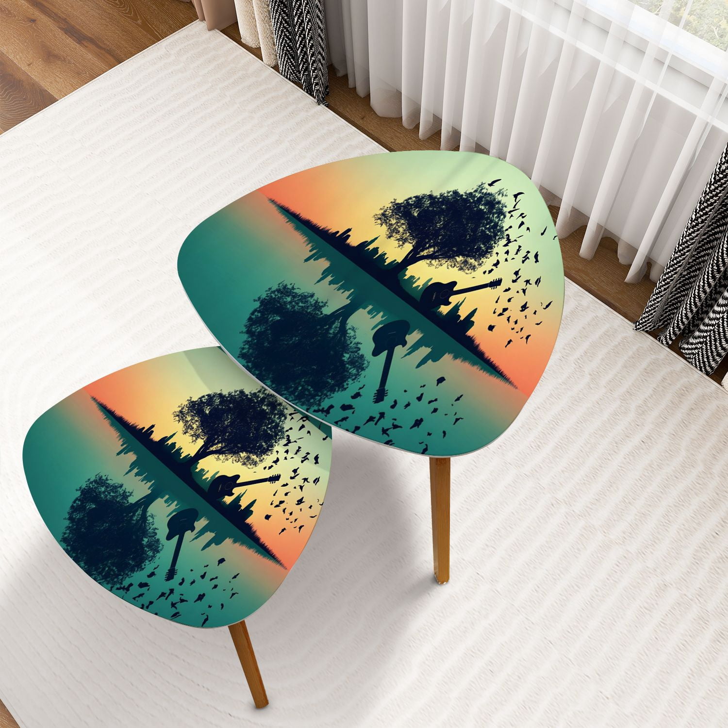 Triangle Nesting Coffee Table Set of 2 Modern Blue White Music Abstract ...