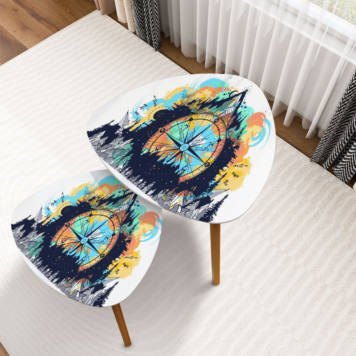 Triangle Nesting Coffee Table Set of 2 Mountain compass wind rose ...