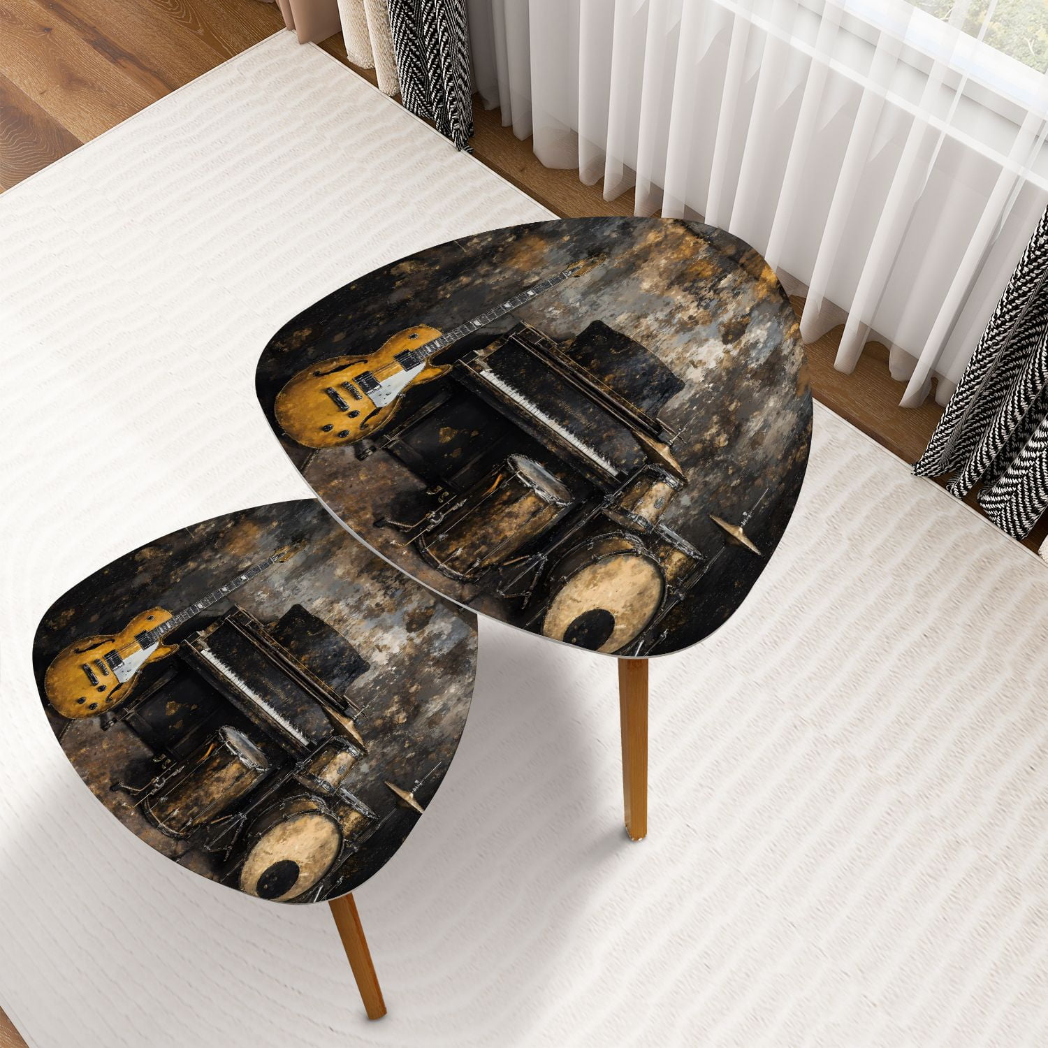Triangle Nesting Coffee Table Set of 2 Music Black Gold Guitar Piano ...