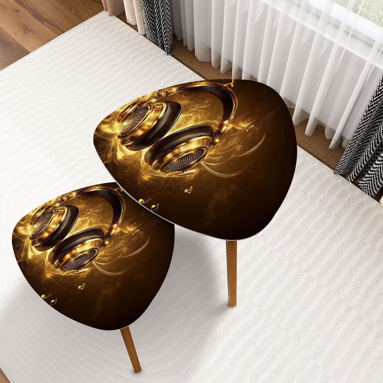 Triangle Nesting Coffee Table Set of 2 Music Gold Metal Microphone ...