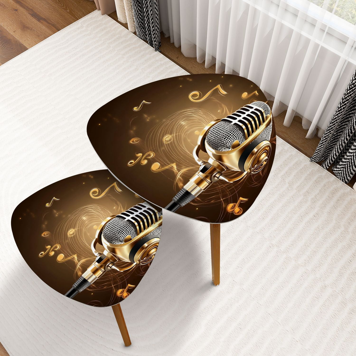Triangle Nesting Coffee Table Set of 2 Music Gold Metal Microphone ...