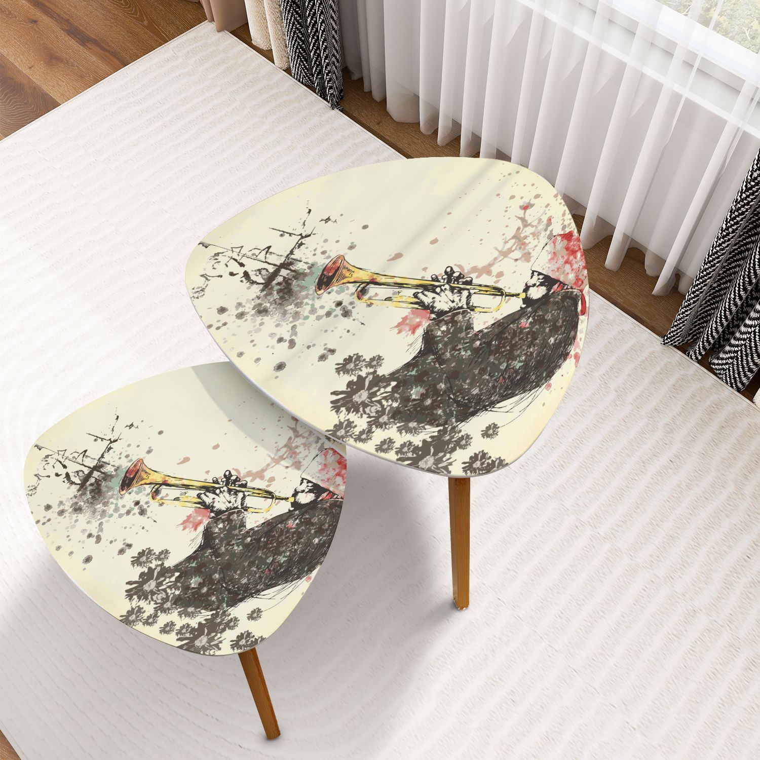 Triangle Nesting Coffee Table Set of 2 Musician trumpet player Vintage ...