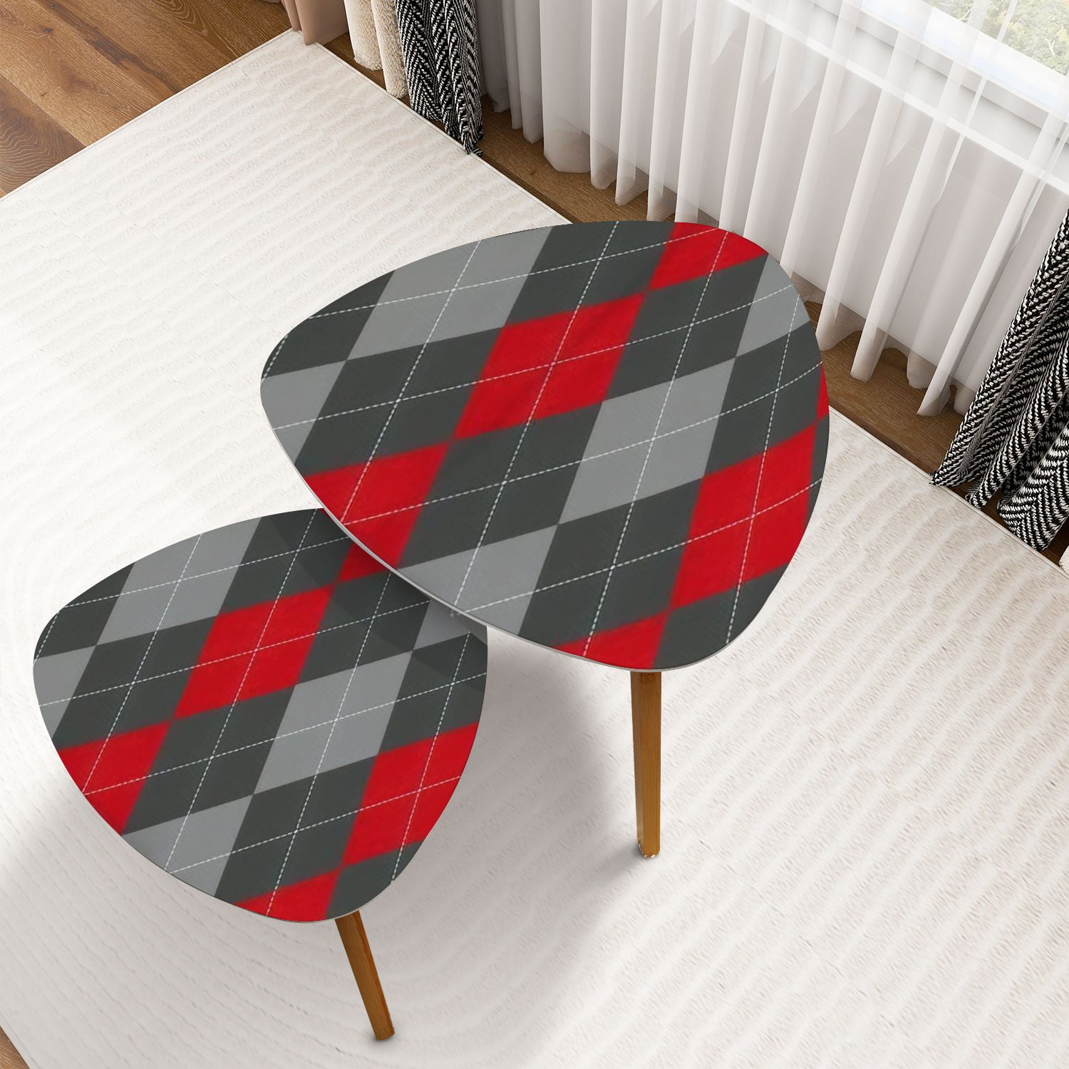 Triangle Nesting Coffee Table Set of 2 Red gray argyle fabric texture ...