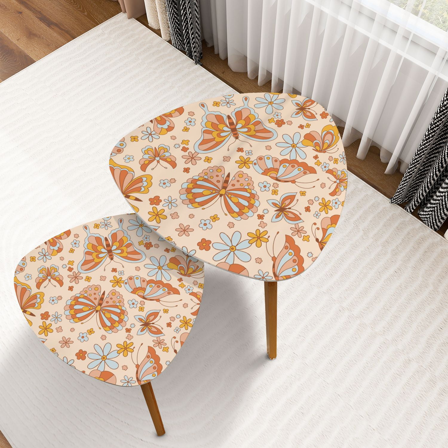 Triangle Nesting Coffee Table Set of 2 Retro 70s 60s Floral Hippie ...